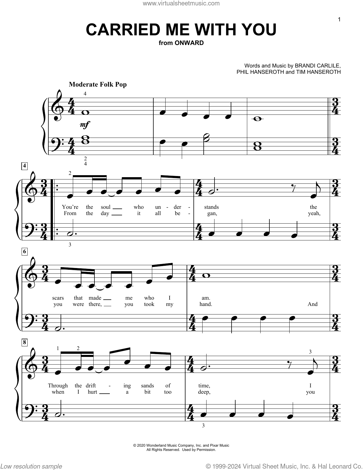 Carried Me With You (from Onward) sheet music for piano solo (big note ...
