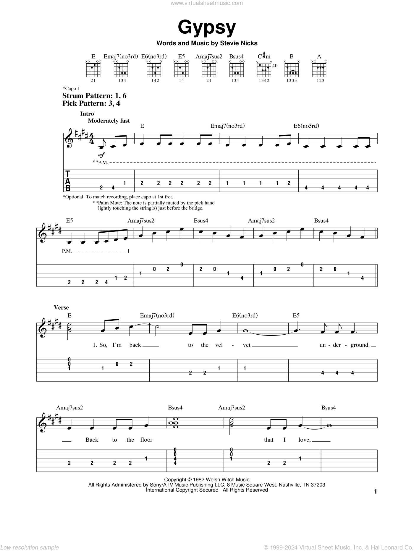 Gypsy sheet music for guitar solo (easy tablature) (PDF)