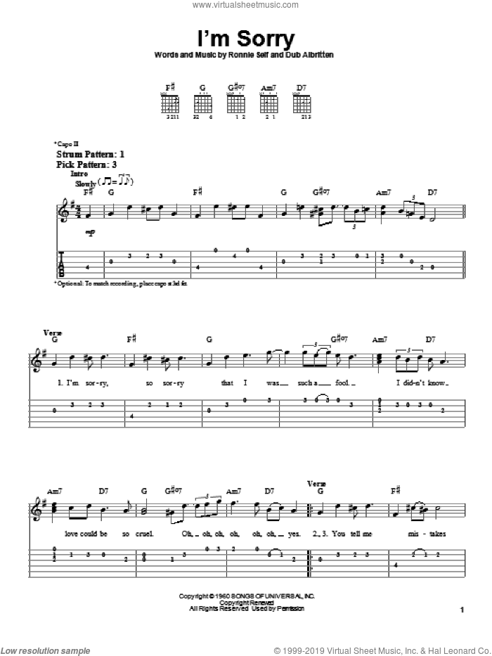 I'm Sorry sheet music for guitar solo (easy tablature) (PDF)