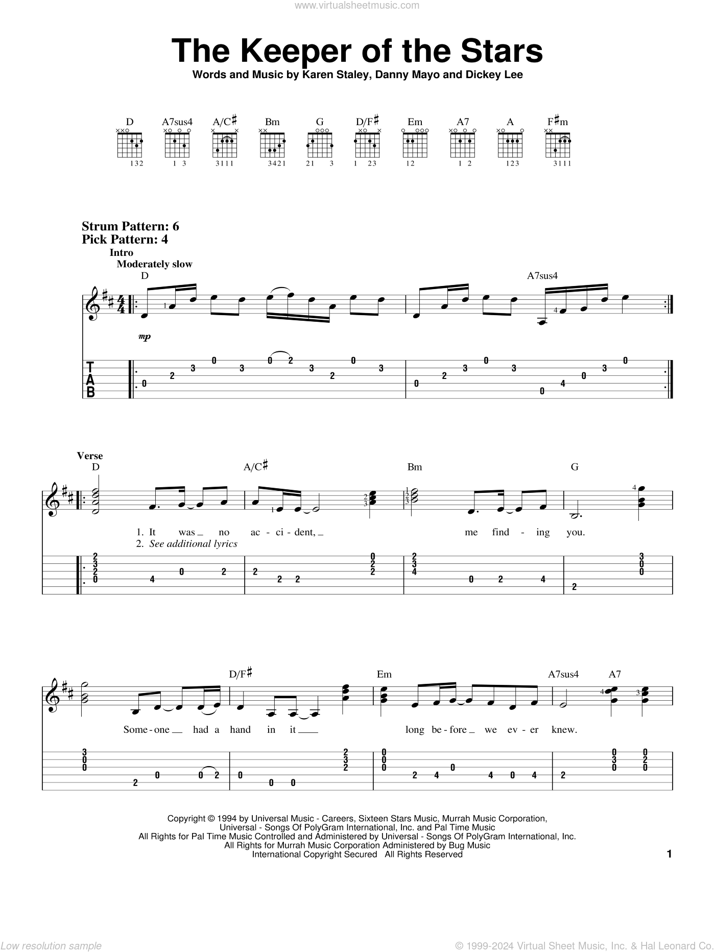 The Keeper Of The Stars sheet music for guitar solo (easy tablature)