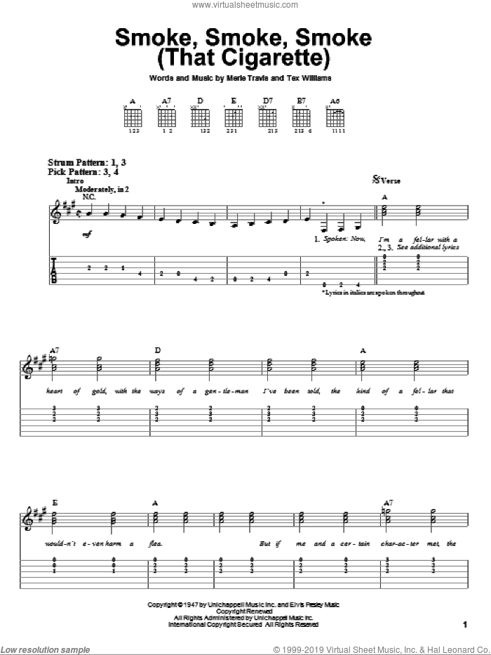 Smoke, Smoke, Smoke (That Cigarette) sheet music for guitar solo (easy ...
