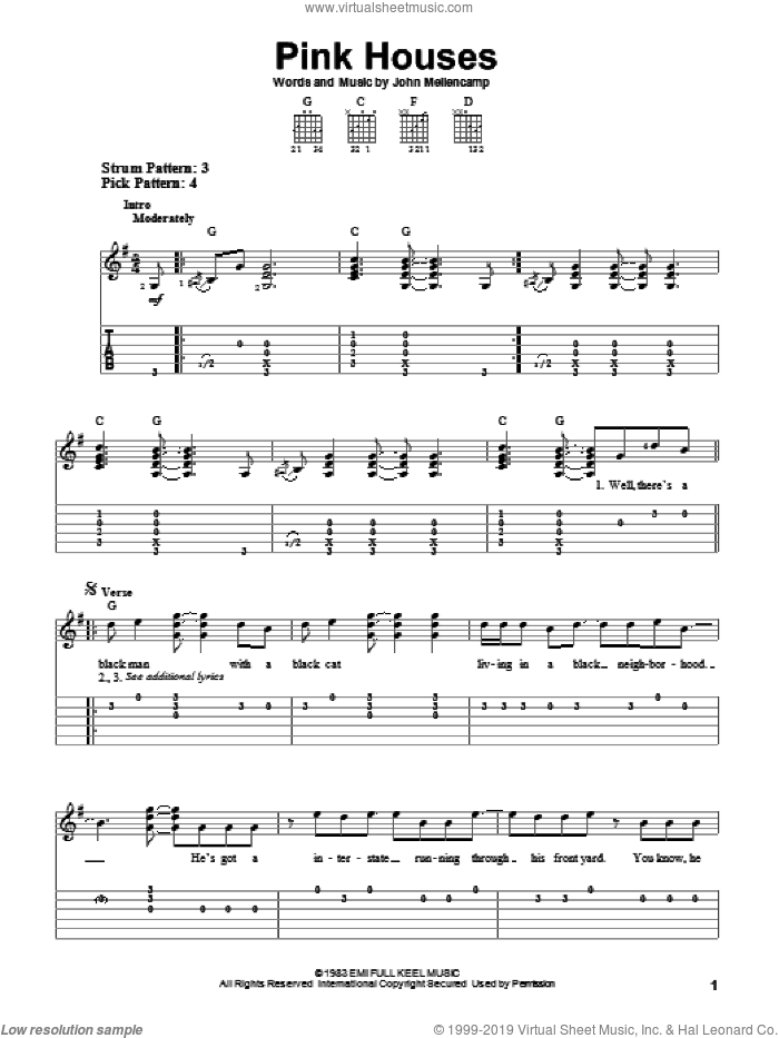 Pink Houses sheet music for guitar solo (easy tablature) v2