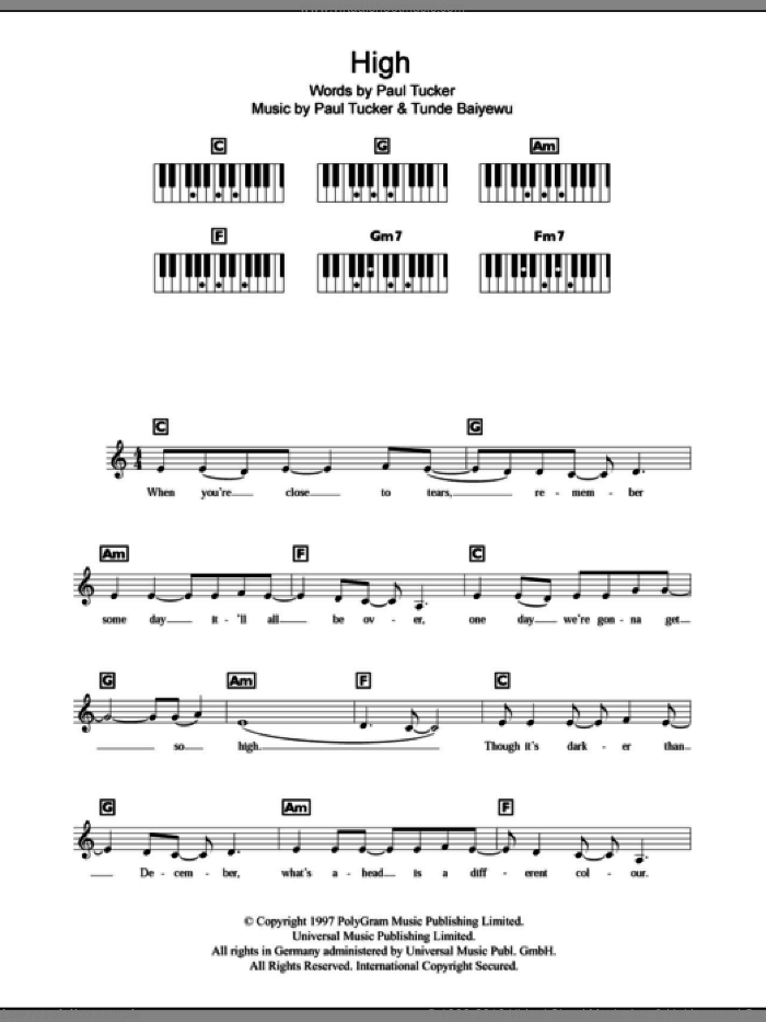 High sheet music for piano solo (chords, lyrics, melody) (PDF)