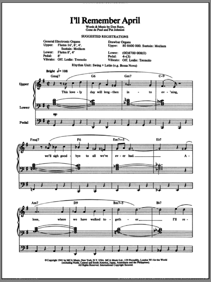 I'll Remember April sheet music for organ (PDF)