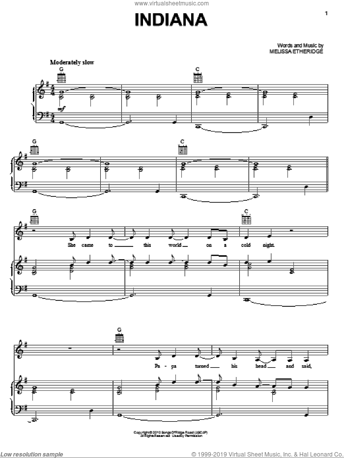 Indiana sheet music for voice, piano or guitar (PDF-interactive)