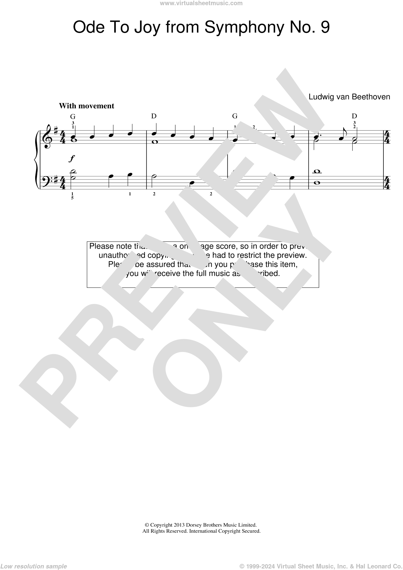Ode To Joy from Symphony No. 9 sheet music for piano solo (PDF)