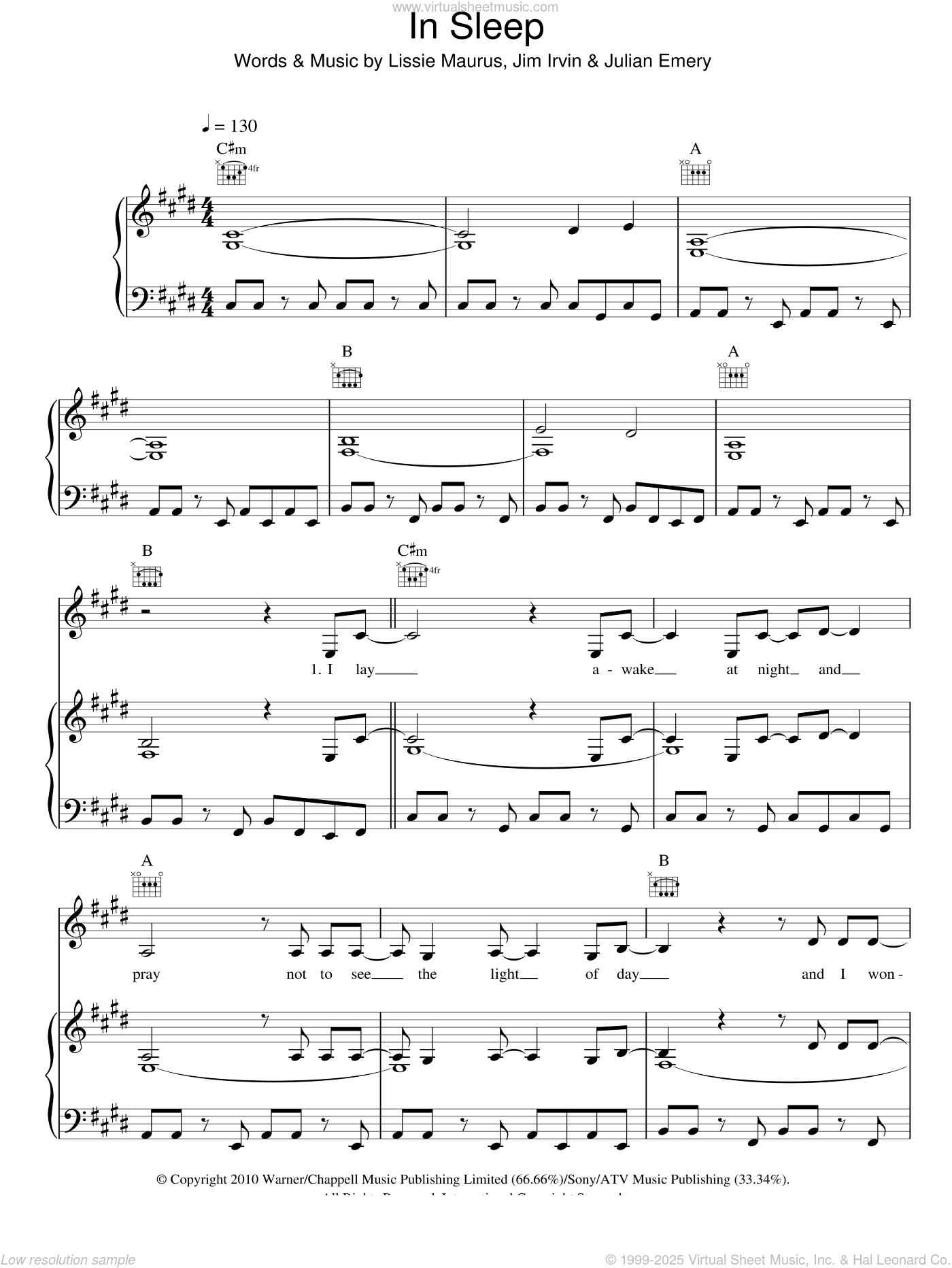 In Sleep sheet music for voice, piano or guitar (PDF)
