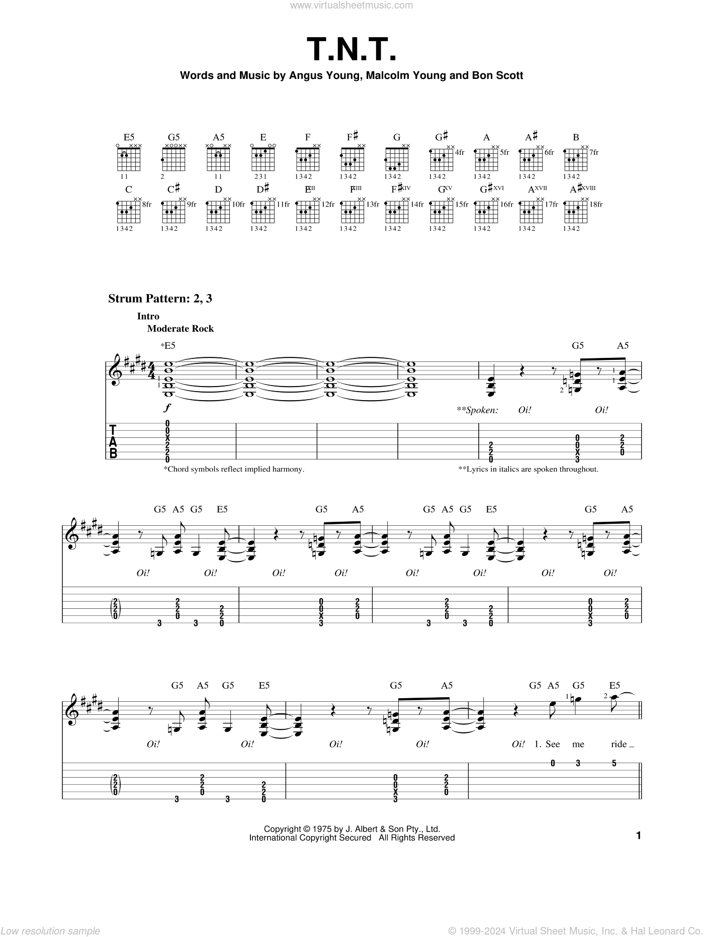T.N.T. sheet music for guitar solo (easy tablature) (PDF)
