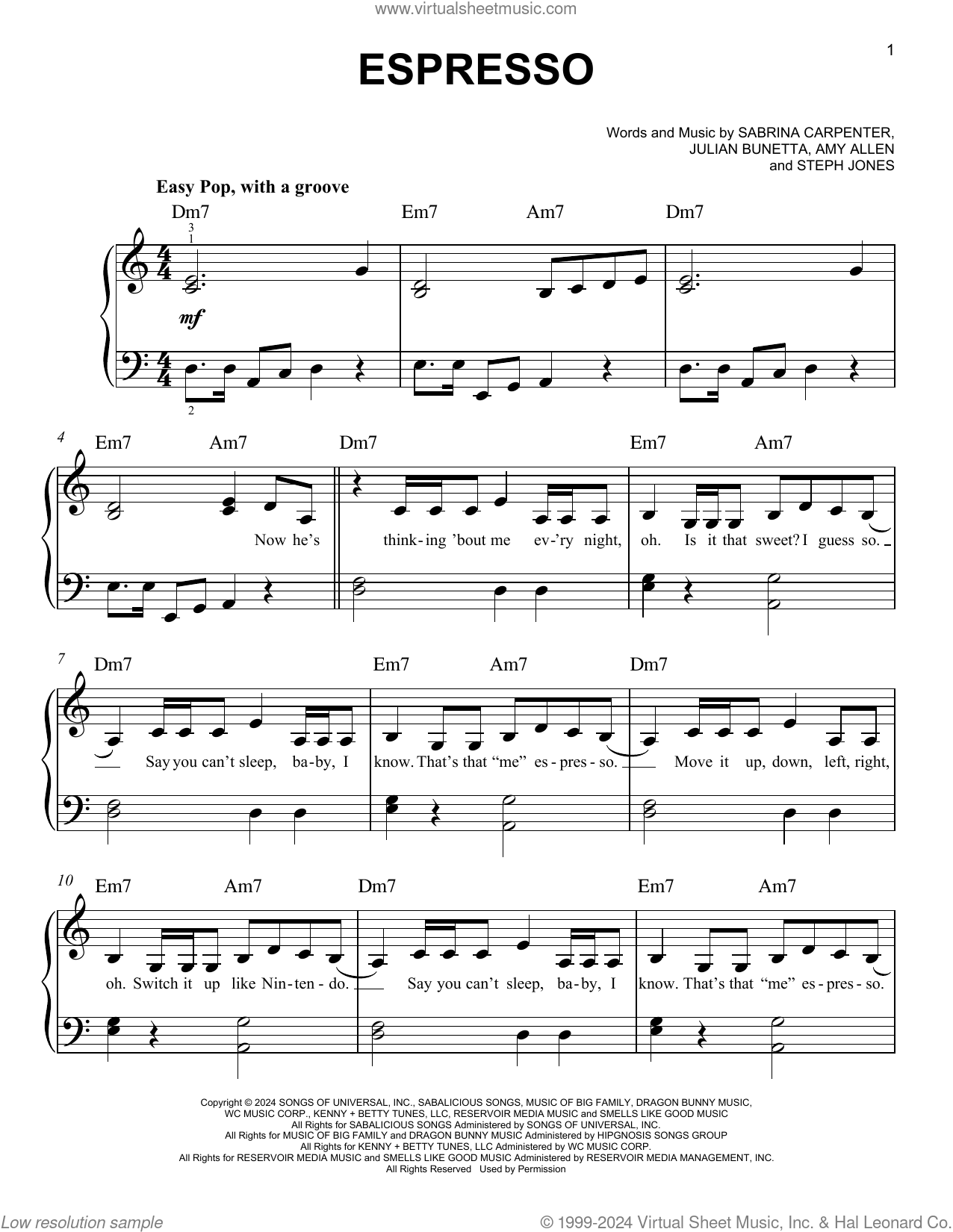 Espresso, (easy) sheet music for piano solo (PDF-interactive)