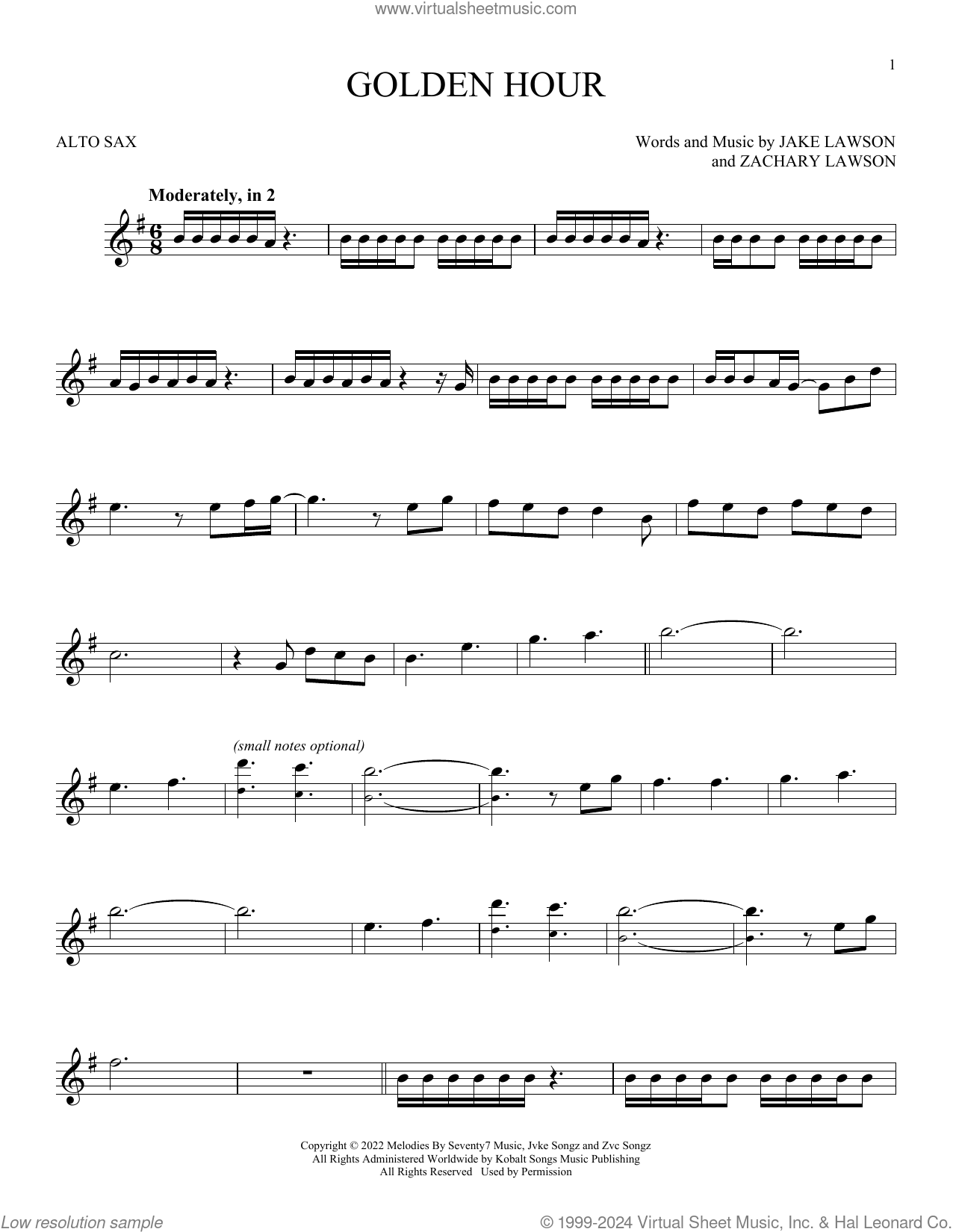 Golden Hour sheet music for alto saxophone solo (PDF-interactive)