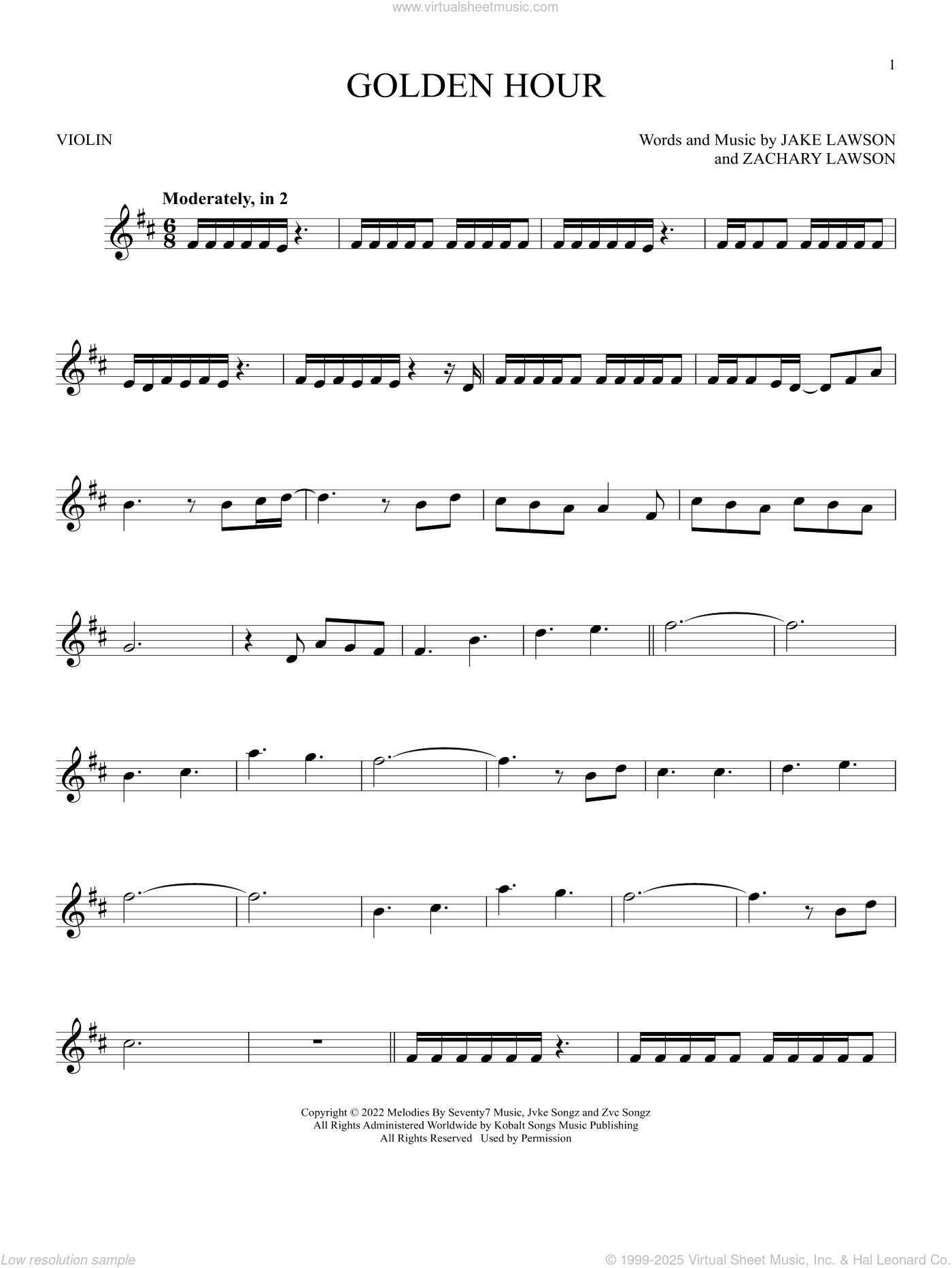 Golden Hour sheet music for violin solo (PDF-interactive)