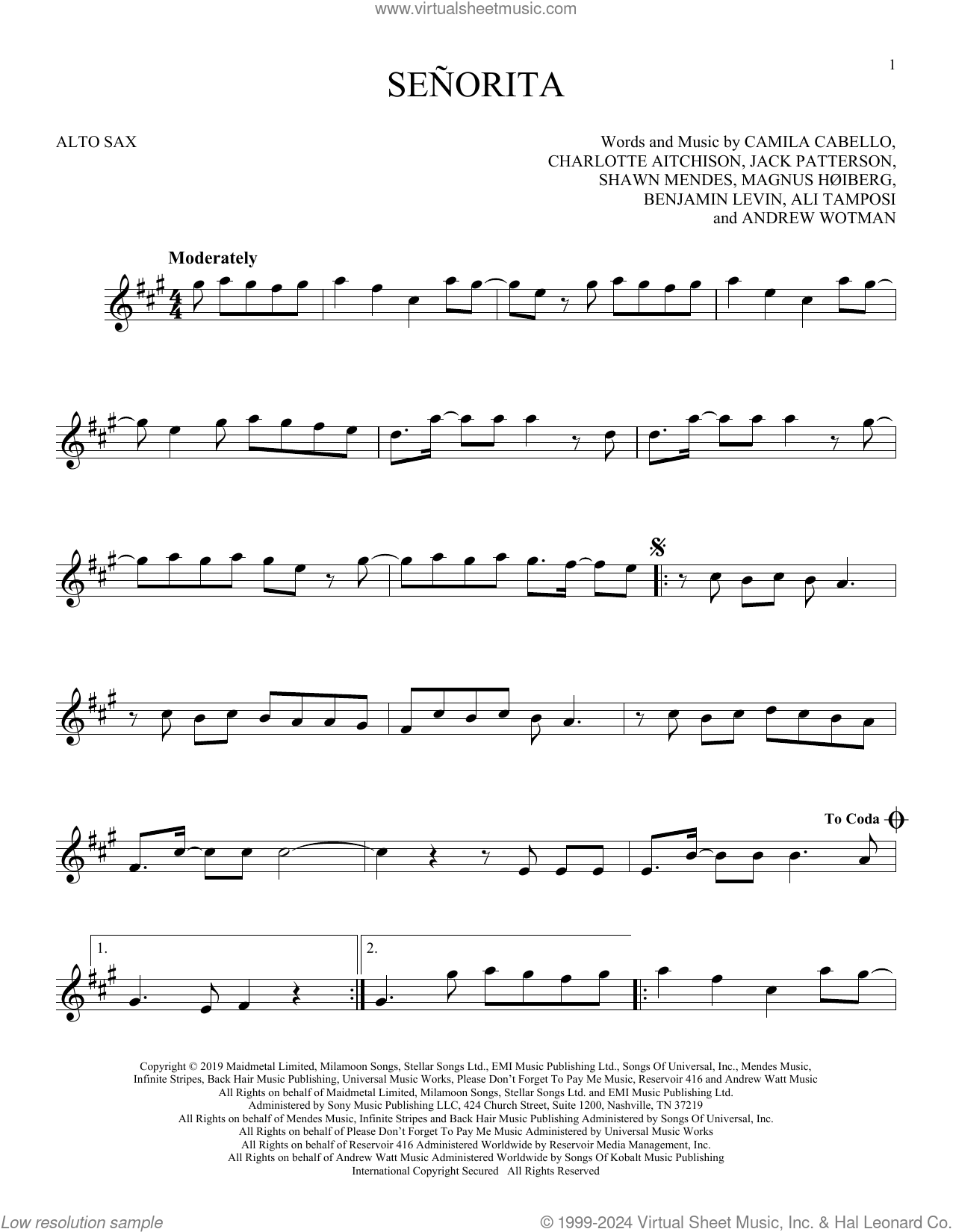 Senorita sheet music for alto saxophone solo (PDF-interactive)