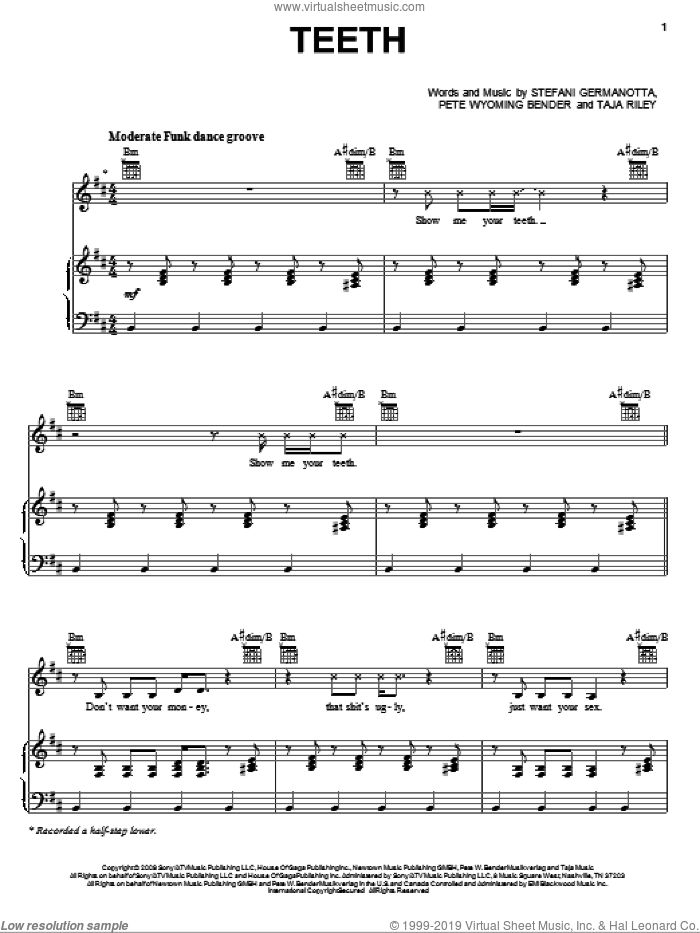 Lady GaGa: Teeth sheet music for voice, piano or guitar (PDF)