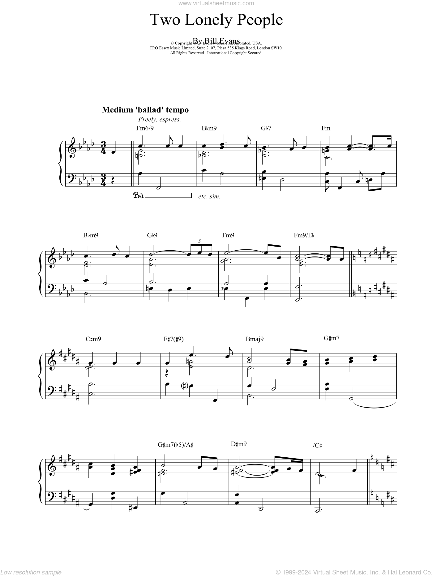 Two Lonely People sheet music for piano solo (PDF)