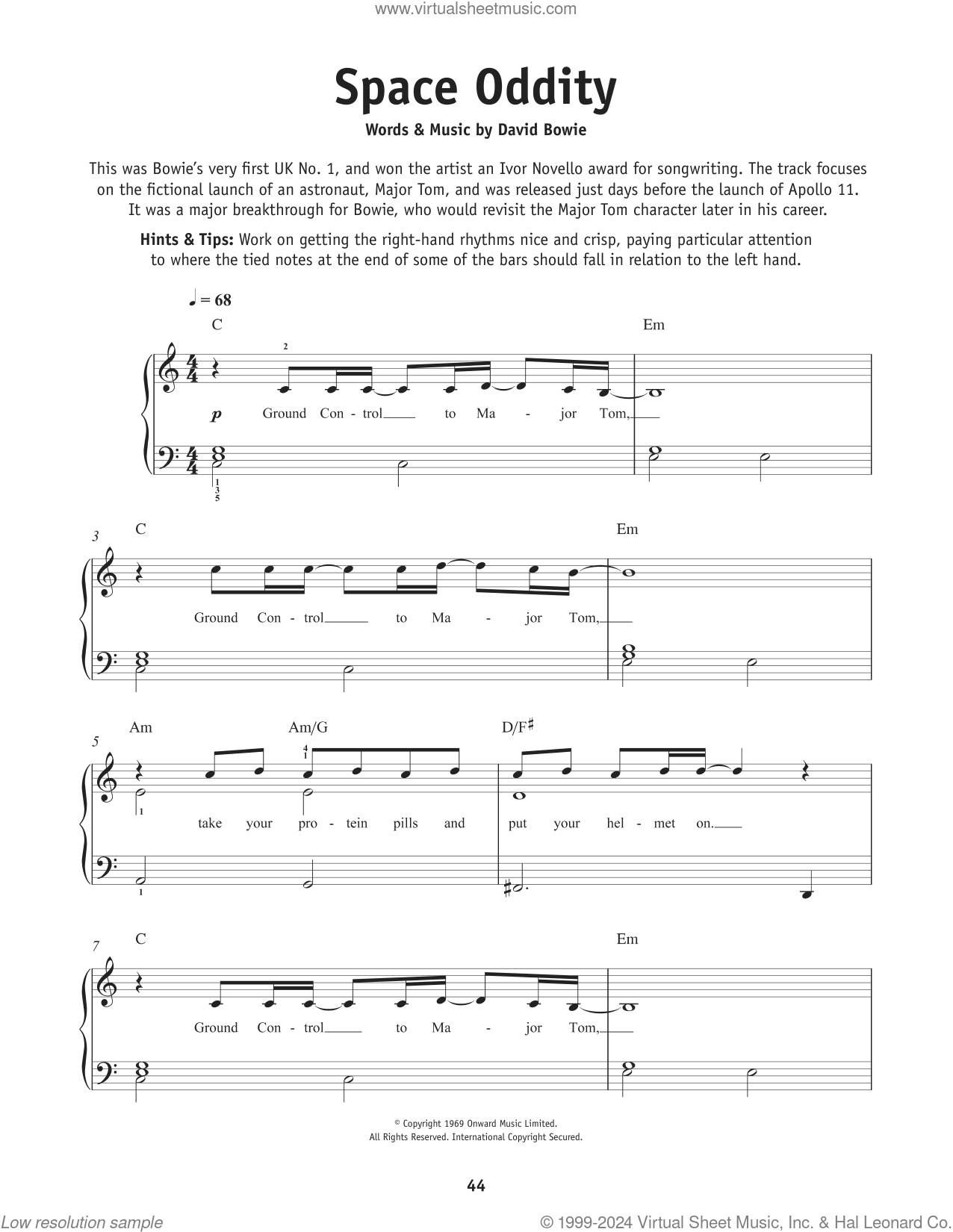 Space Oddity, (beginner) sheet music for piano solo (PDF)