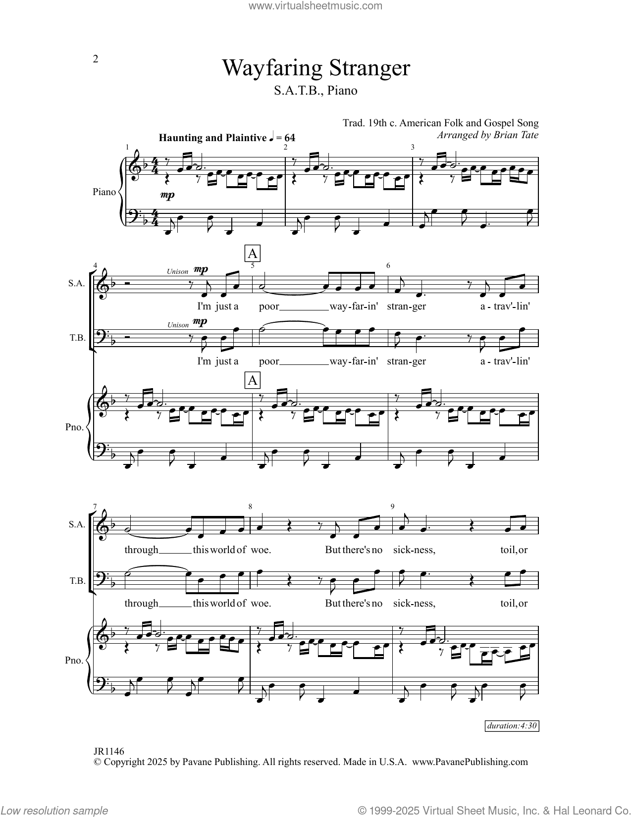 Wayfaring Stranger (arr. Brian Tate) sheet music for choir (SATB: soprano, alto, tenor, bass)