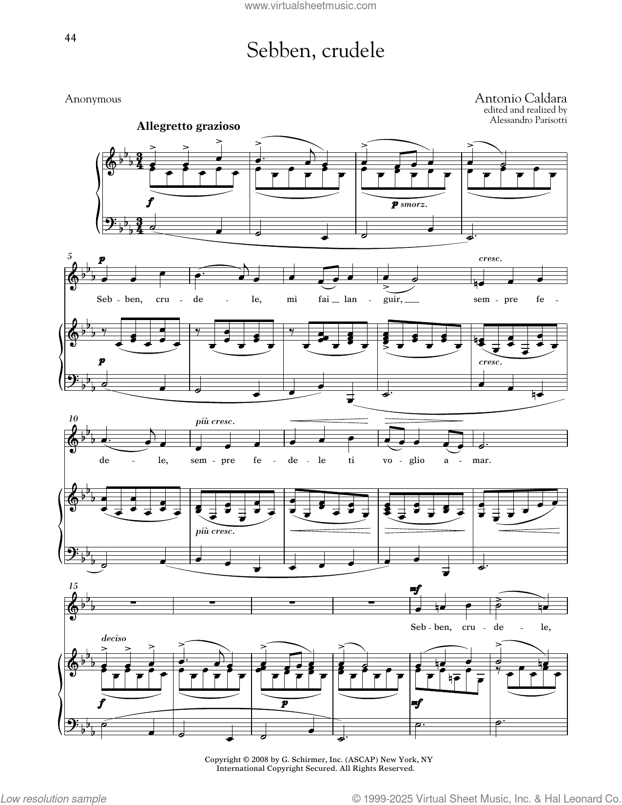 Sebben, Crudele (Medium Low Voice) sheet music for voice and piano ...
