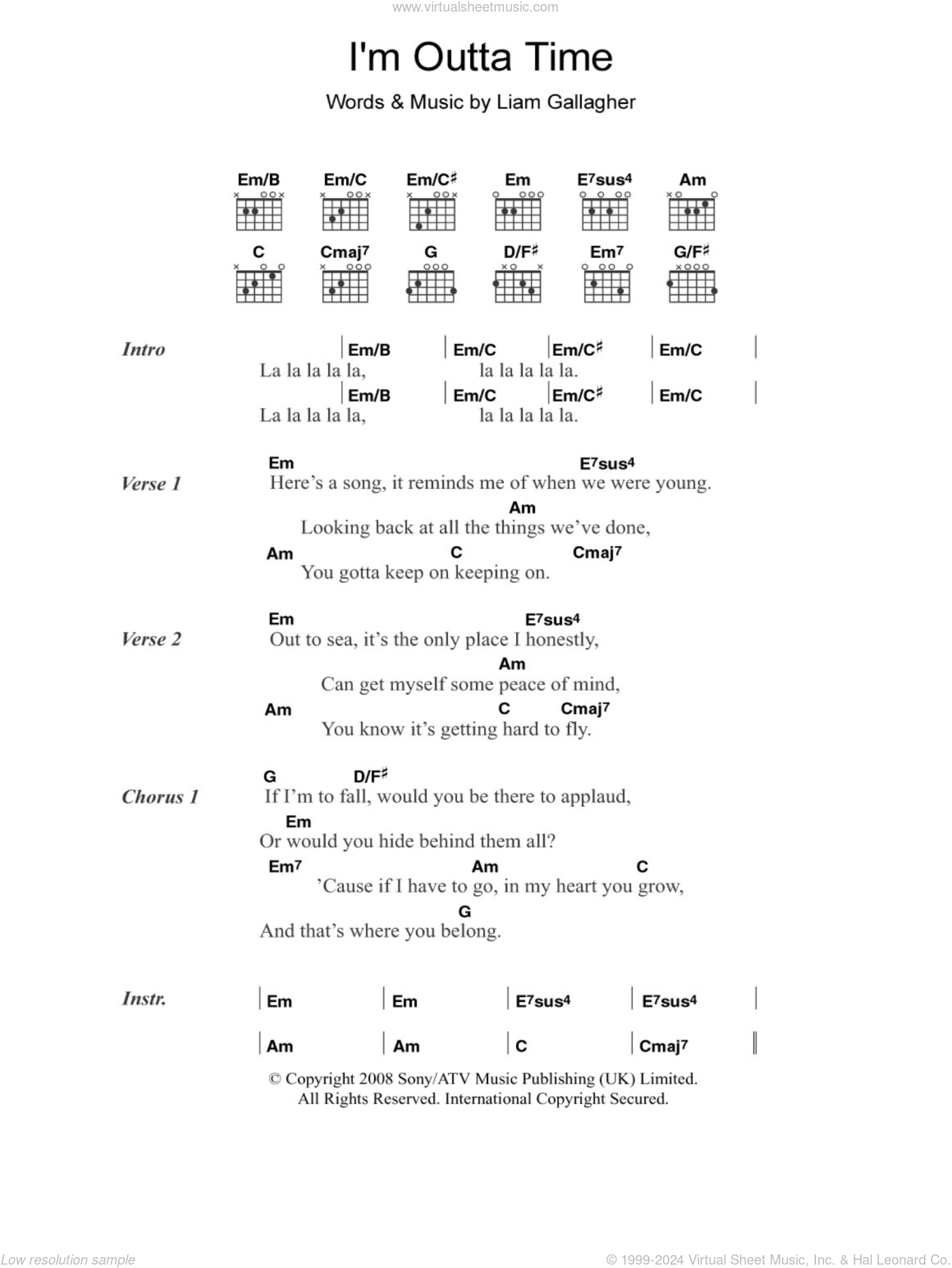 I'm Outta Time sheet music for guitar (chords) (PDF)