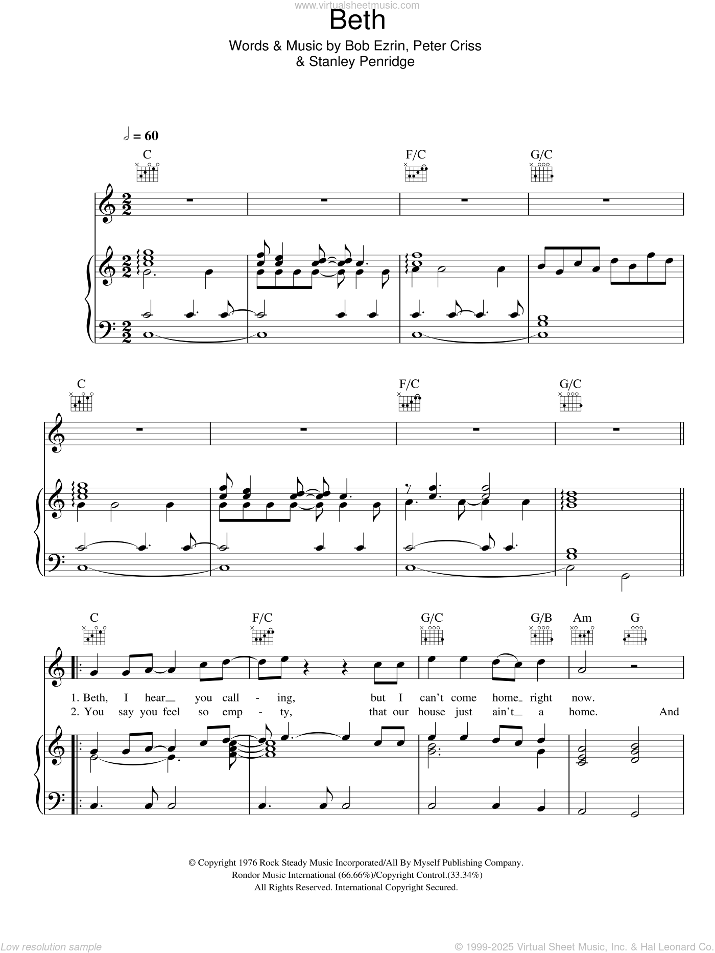 Cast - Beth sheet music for voice, piano or guitar (PDF)