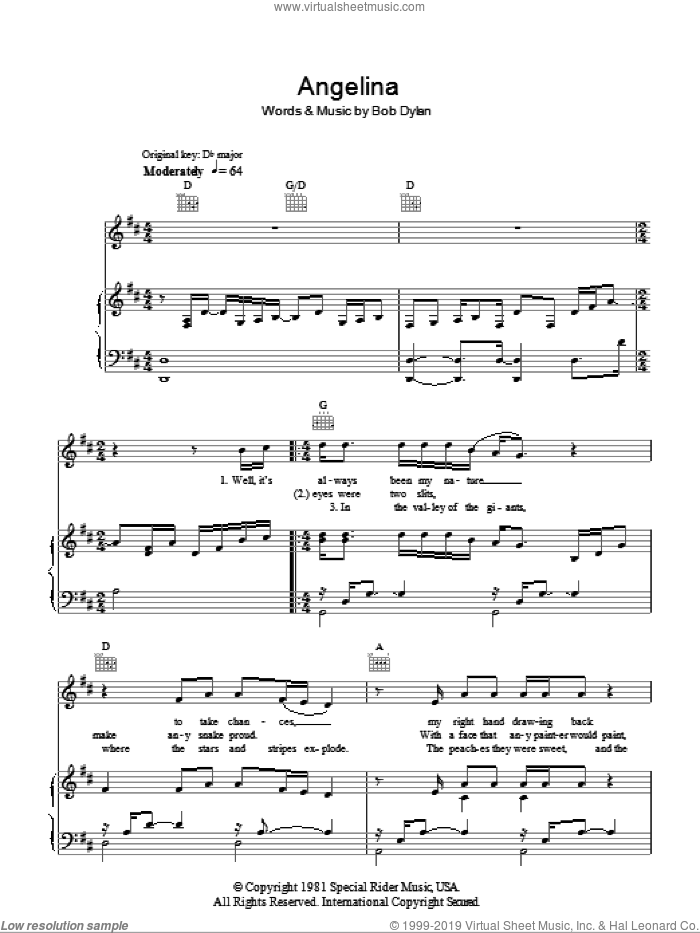 Bob Dylan: Angelina sheet music for voice, piano or guitar (PDF)