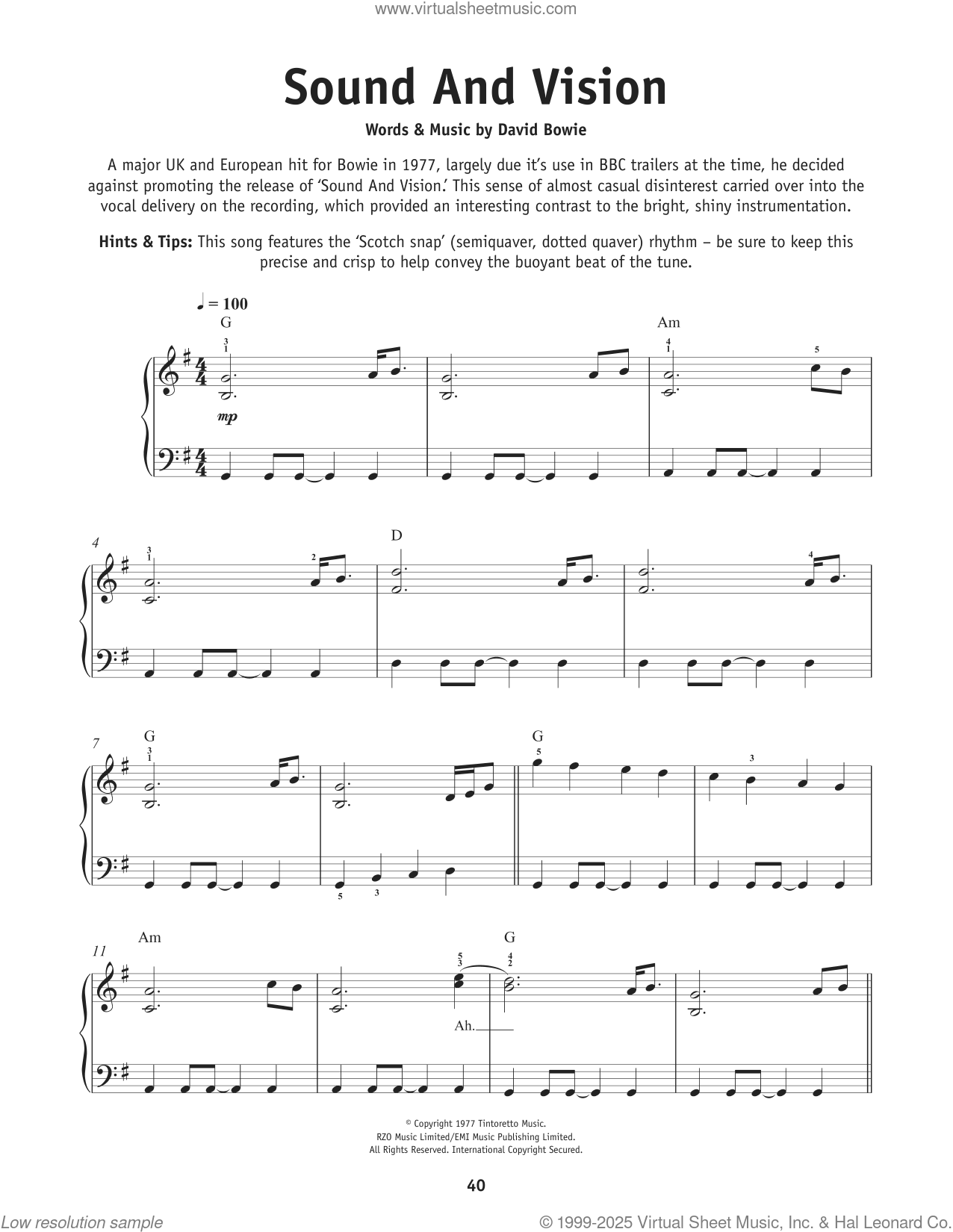 Sound And Vision sheet music for piano solo (PDF)