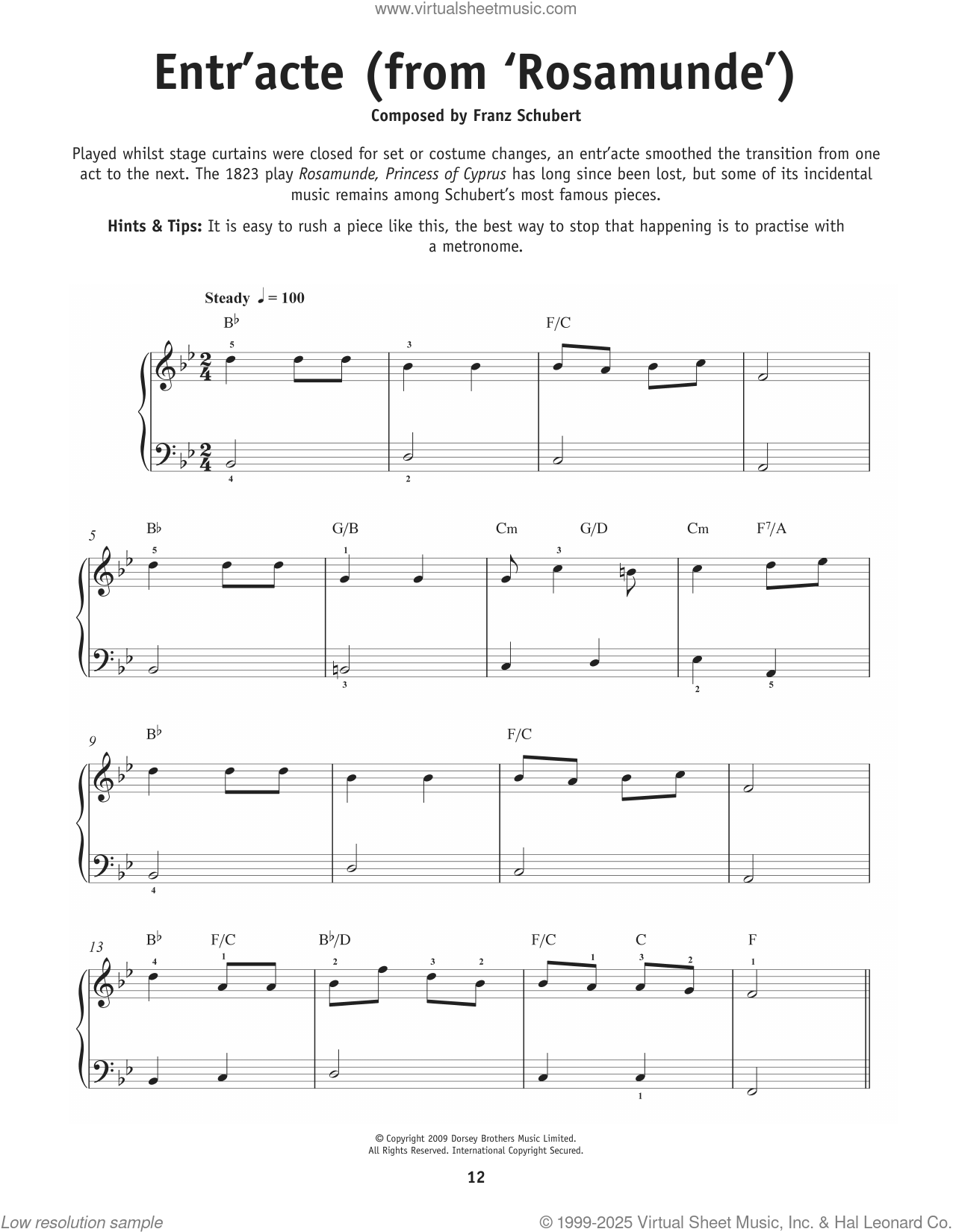 Entr'acte From Rosamunde, Op. 26 sheet music for piano solo (PDF)