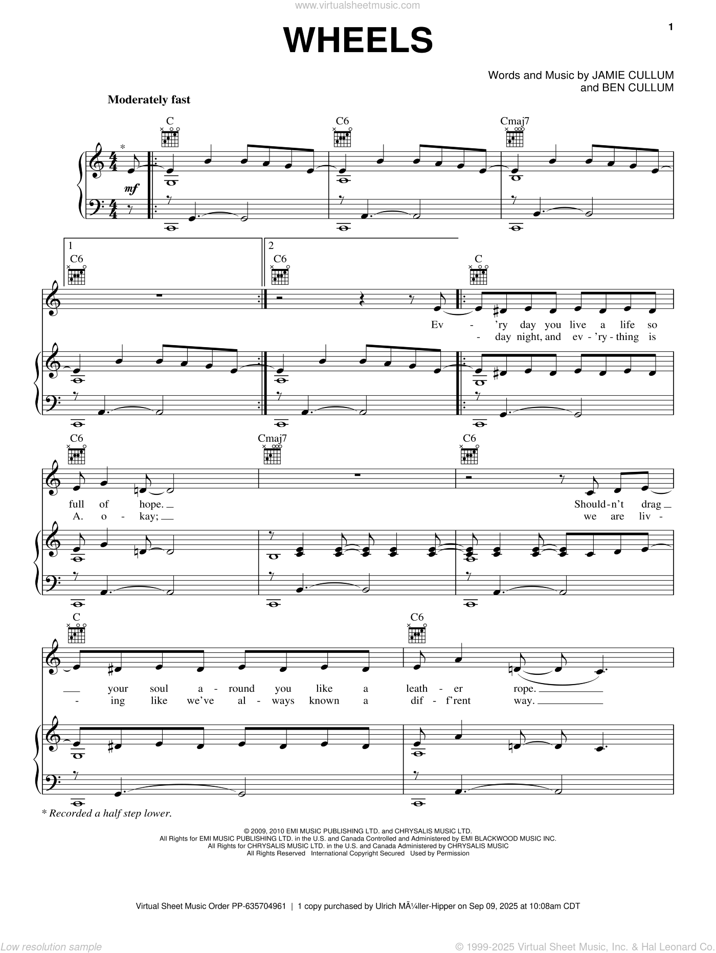 Jamie Cullum: Wheels sheet music for voice, piano or guitar (PDF)