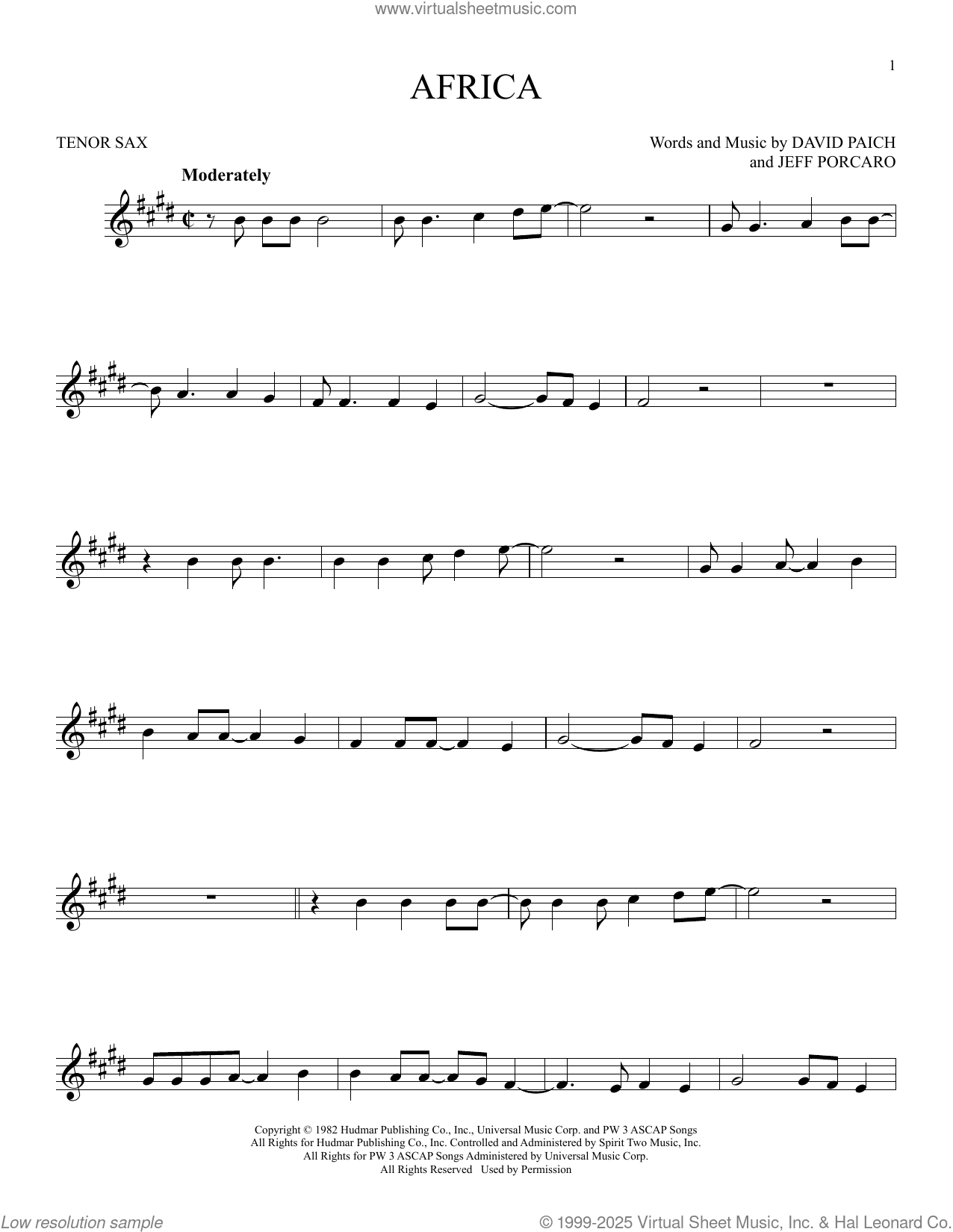 Africa sheet music for tenor saxophone solo (PDF-interactive)