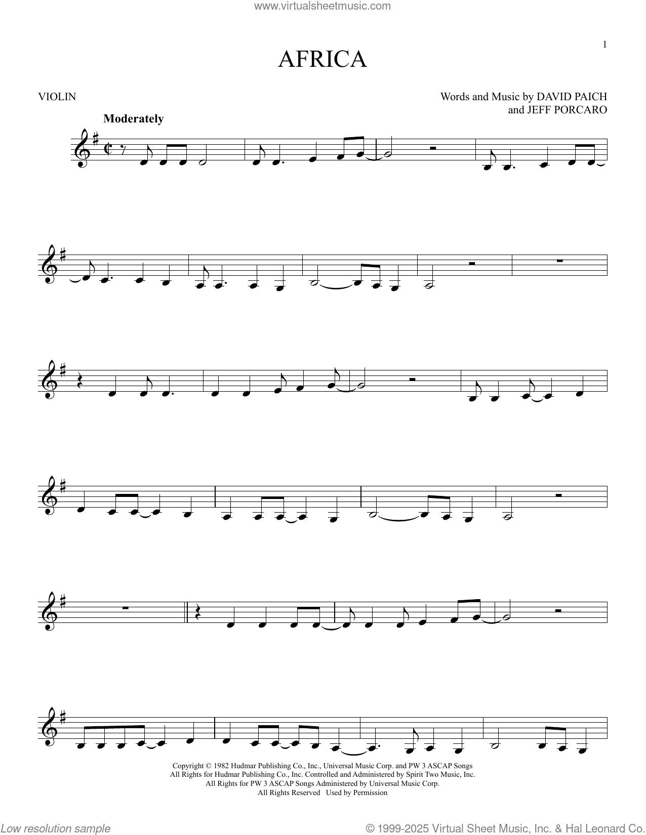 Africa sheet music for violin solo (PDF-interactive)