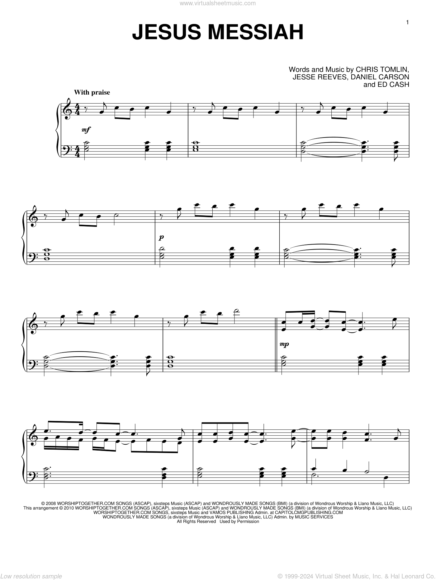 Jesus Messiah, (intermediate) sheet music for piano solo (PDF)
