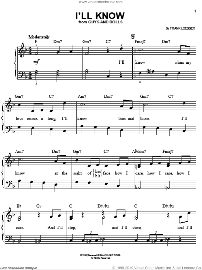 I'll Know sheet music (easy) for piano solo (PDF-interactive)