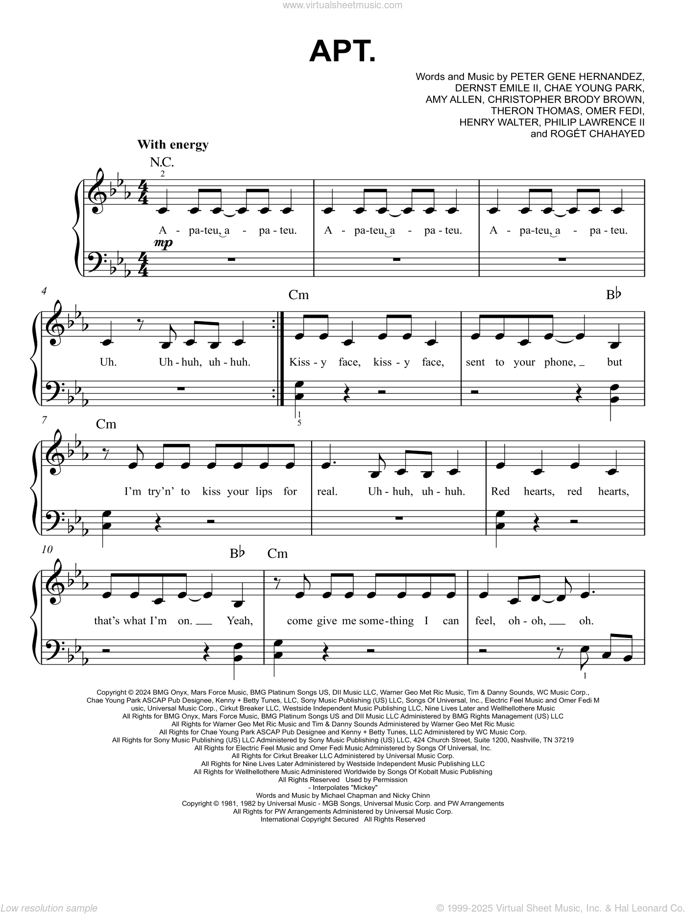 APT., (easy) sheet music for piano solo (PDF-interactive)