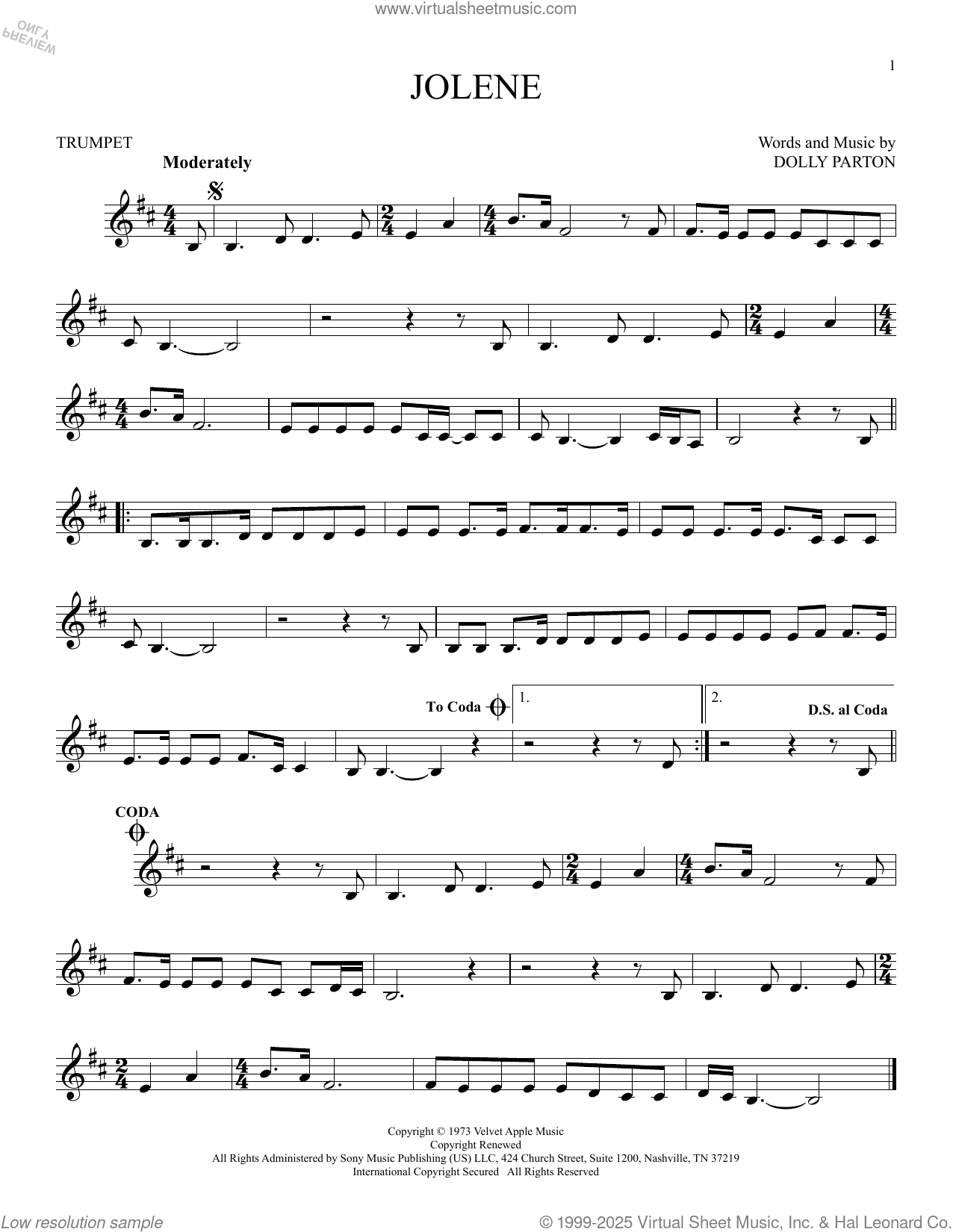 Jolene sheet music for trumpet solo (PDF-interactive)