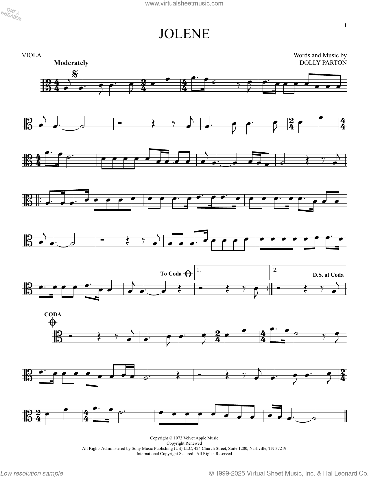 Jolene sheet music for viola solo (PDF-interactive)
