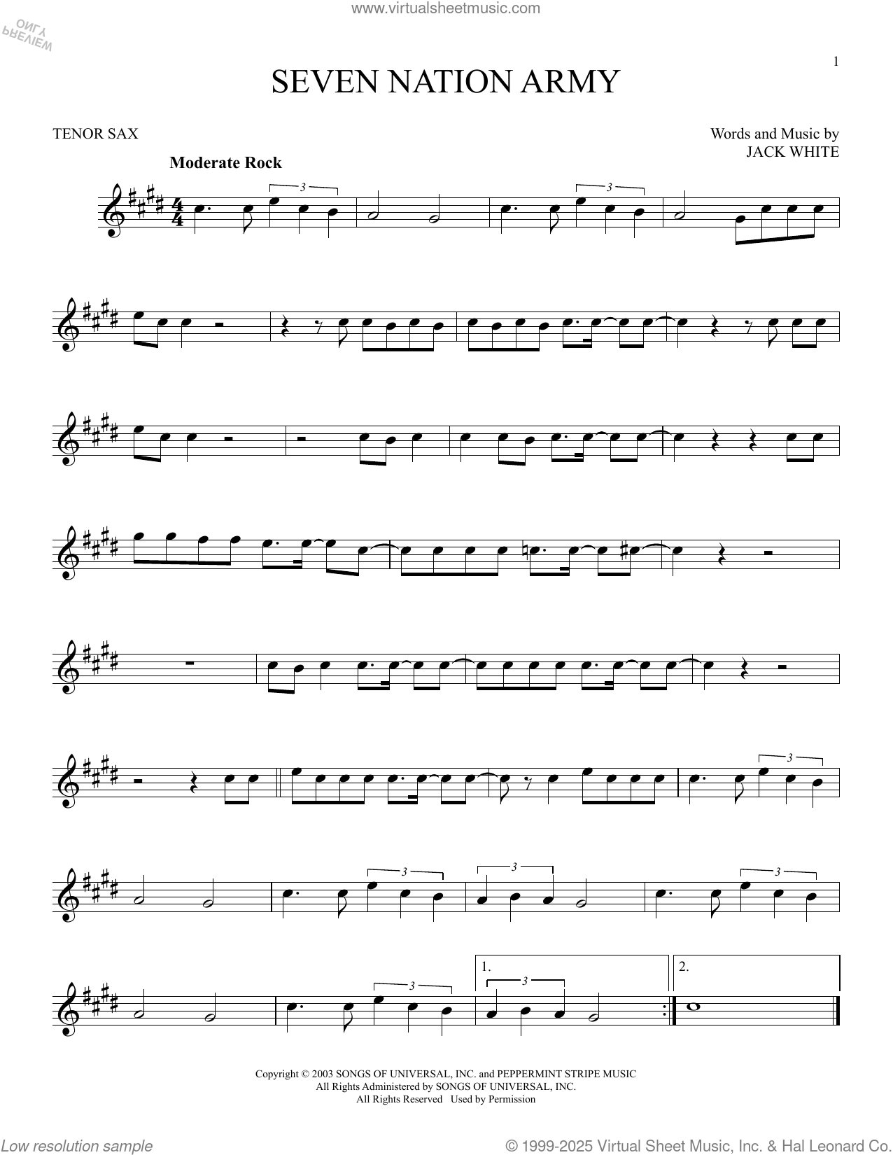 Seven Nation Army sheet music for tenor saxophone solo (PDF)