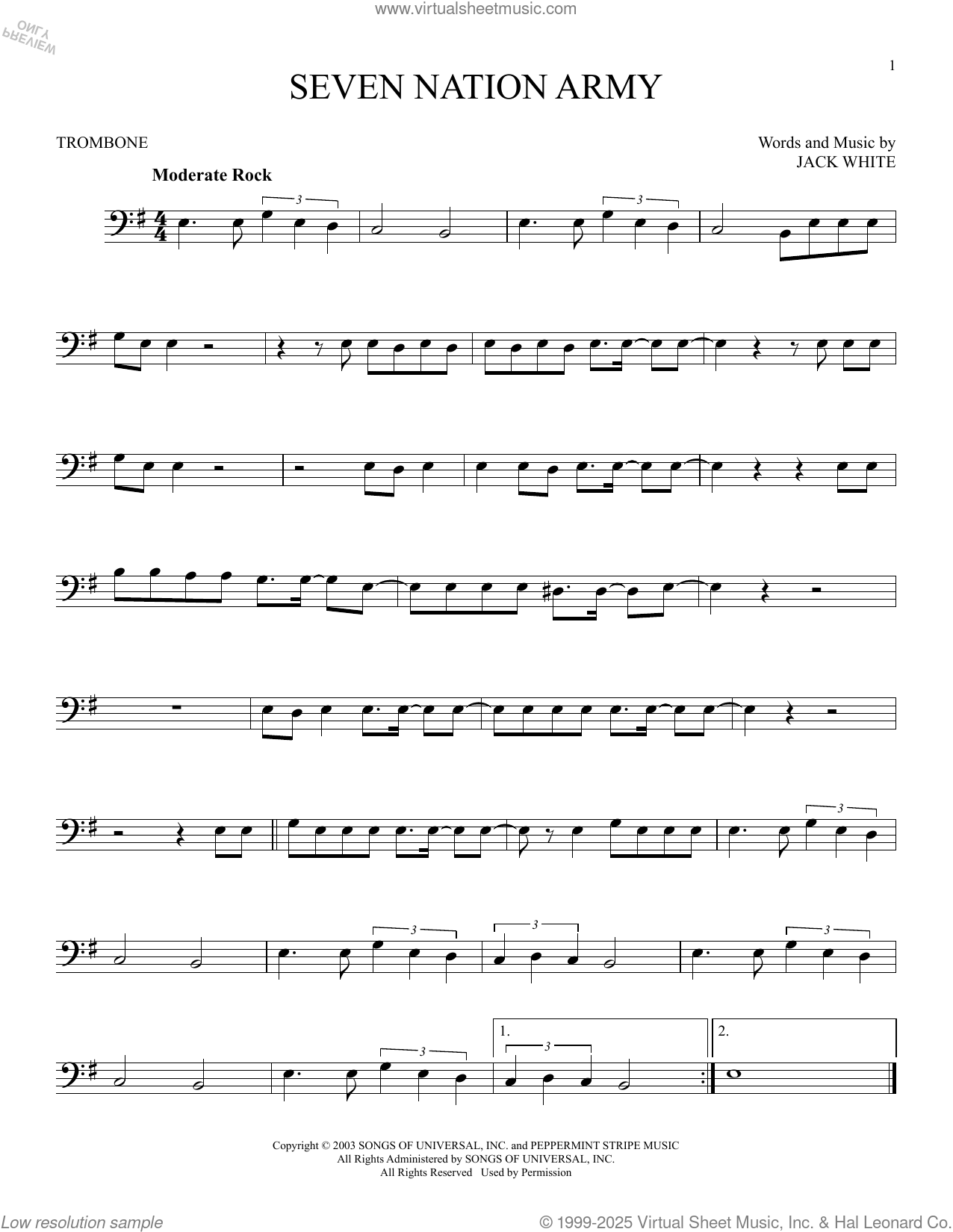 Seven Nation Army sheet music for trombone solo (PDF-interactive)