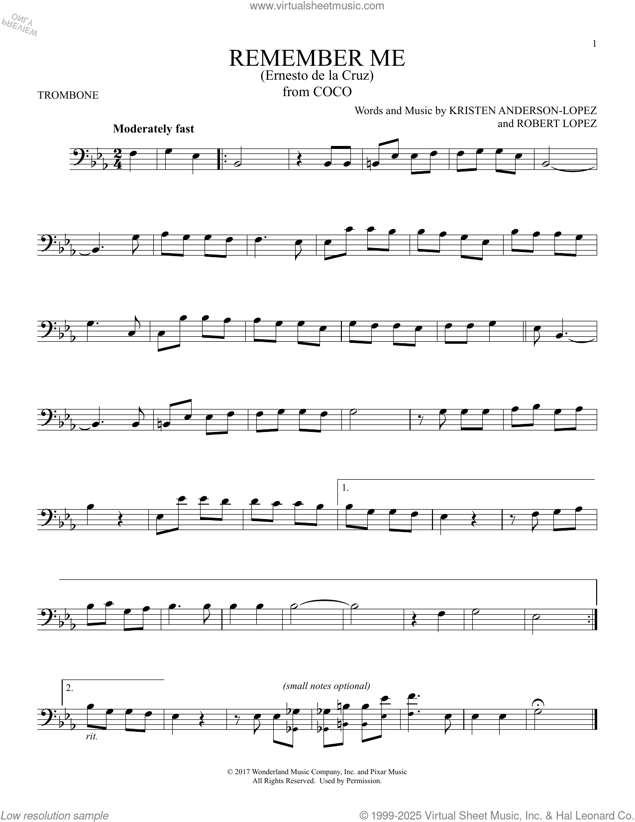 Remember Me (Ernesto de la Cruz) (from Coco) sheet music for trombone solo