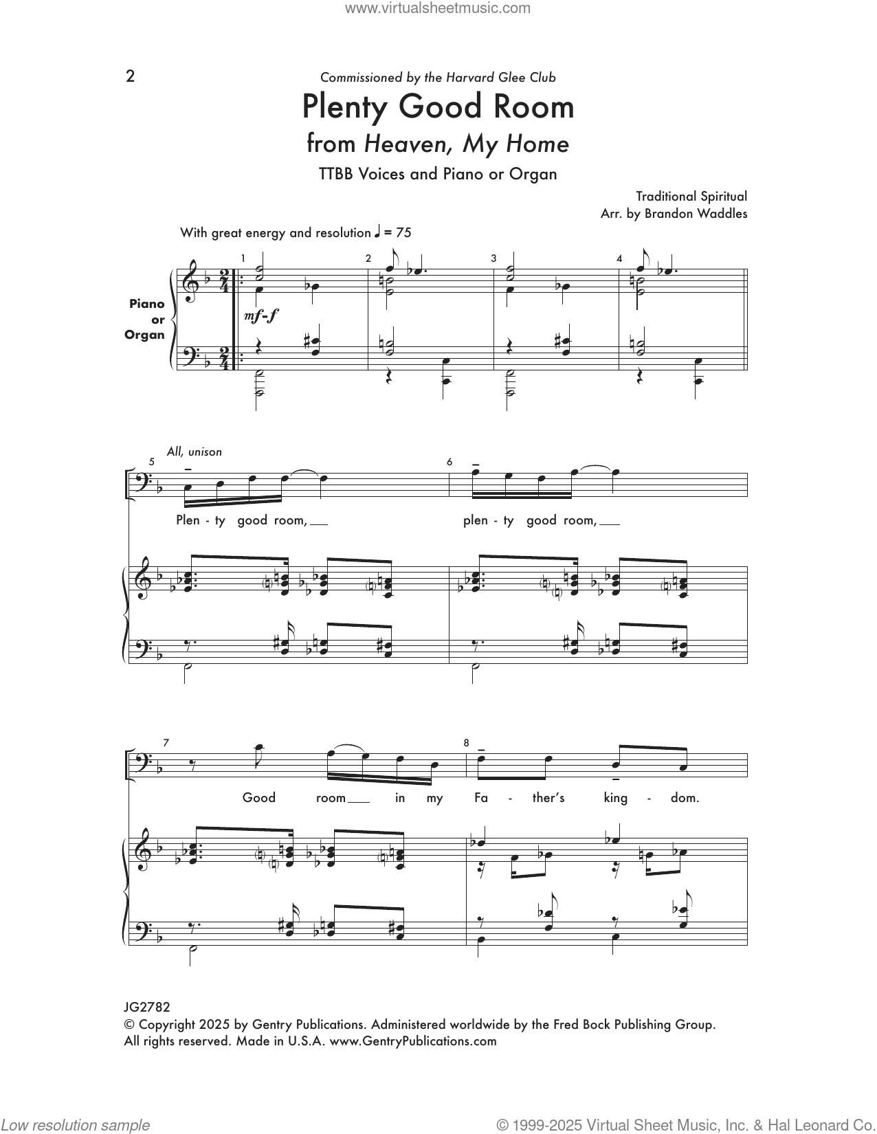 Plenty Good Room sheet music for choir (TTBB: tenor, bass) (PDF)