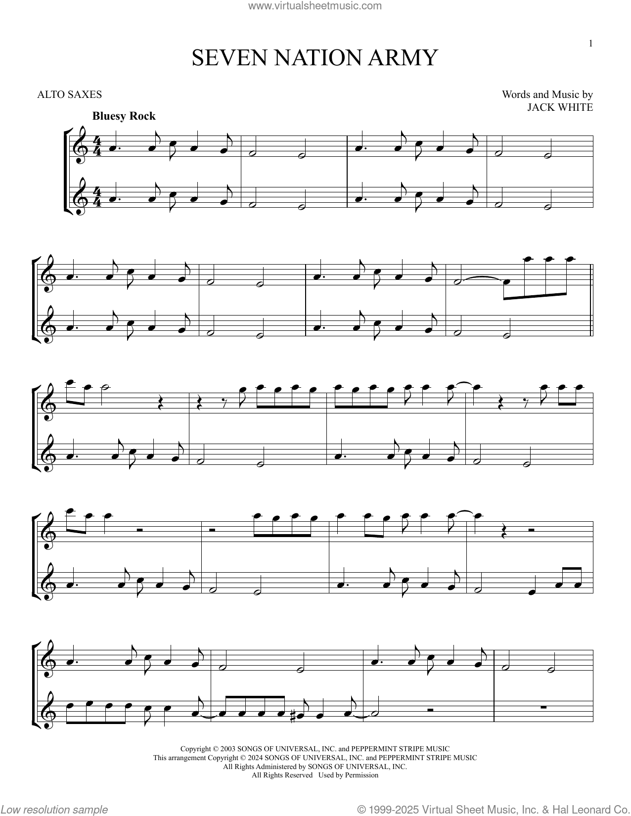 Seven Nation Army sheet music for two alto saxophones (duets)