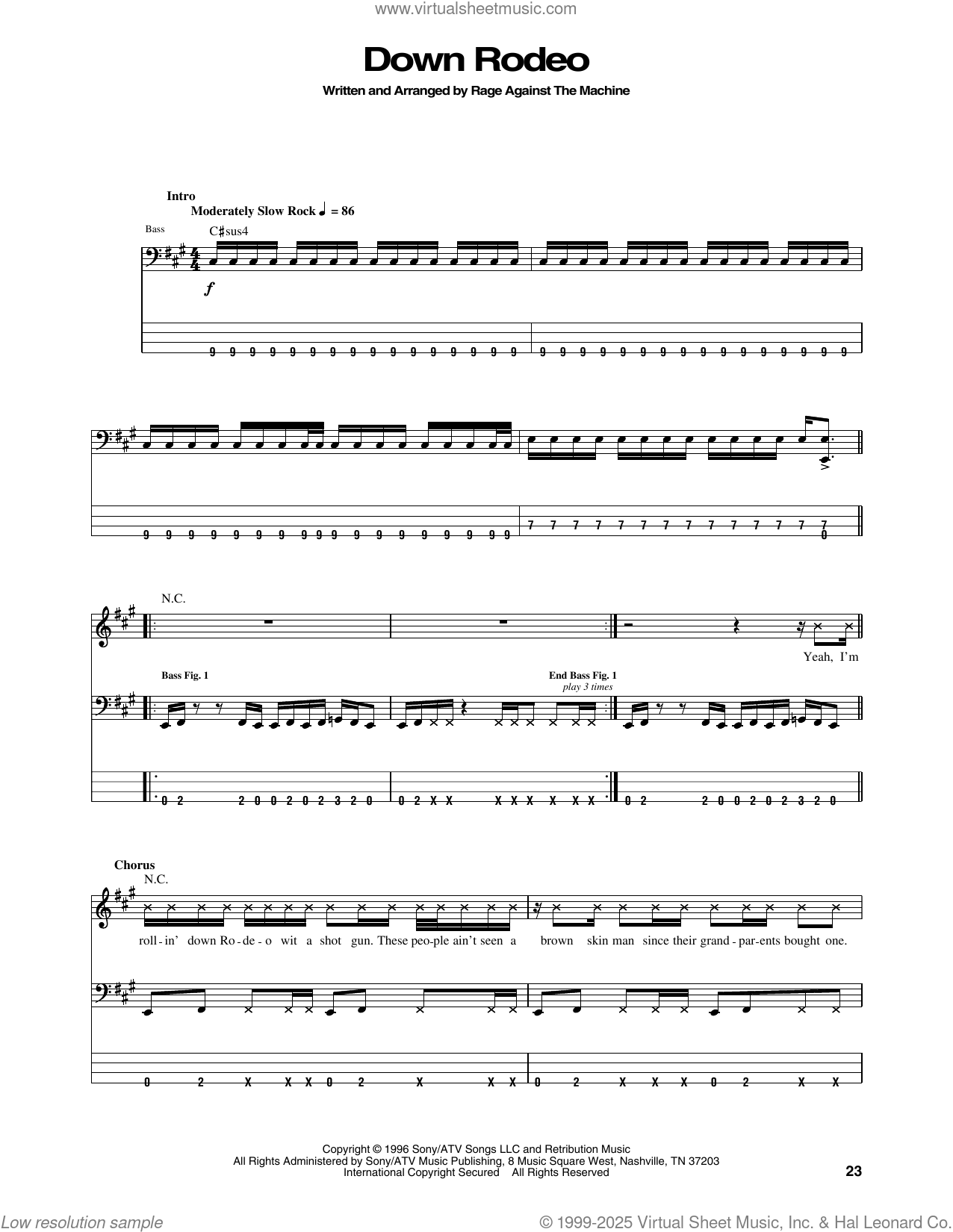 Down Rodeo sheet music for bass (tablature) (bass guitar) (PDF)