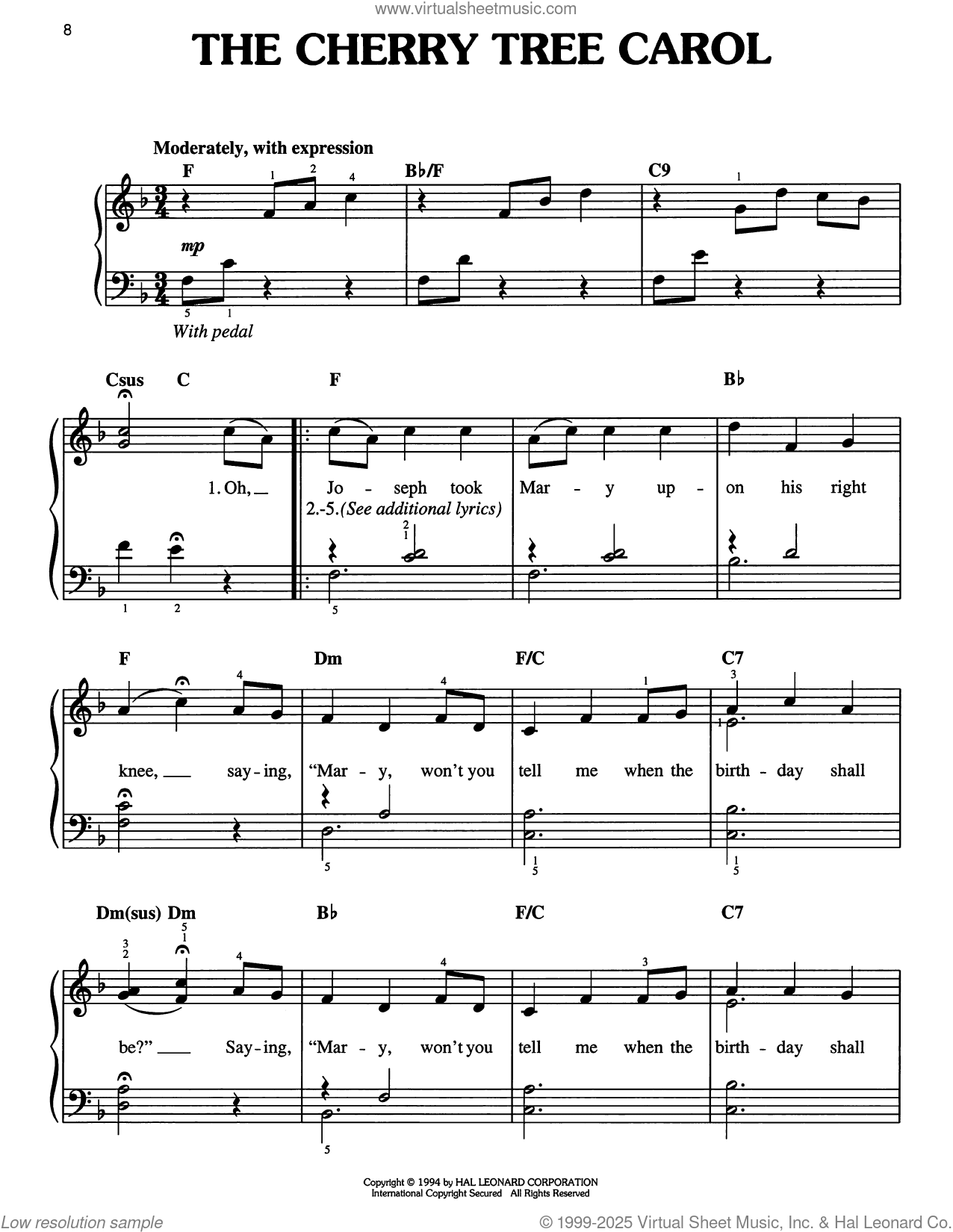 The Cherry Tree Carol sheet music for piano solo (PDF)