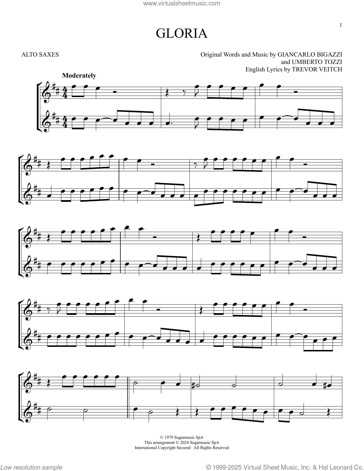 Gloria sheet music for two alto saxophones (duets) (PDF)