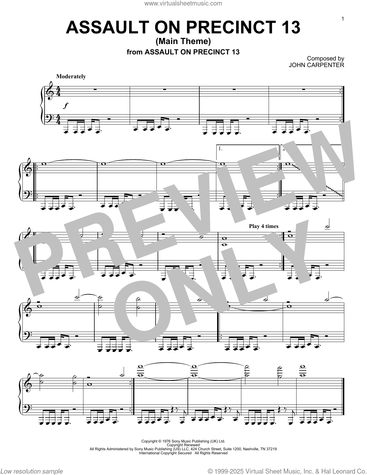 Assault On Precinct 13 (Main Theme) sheet music for piano solo