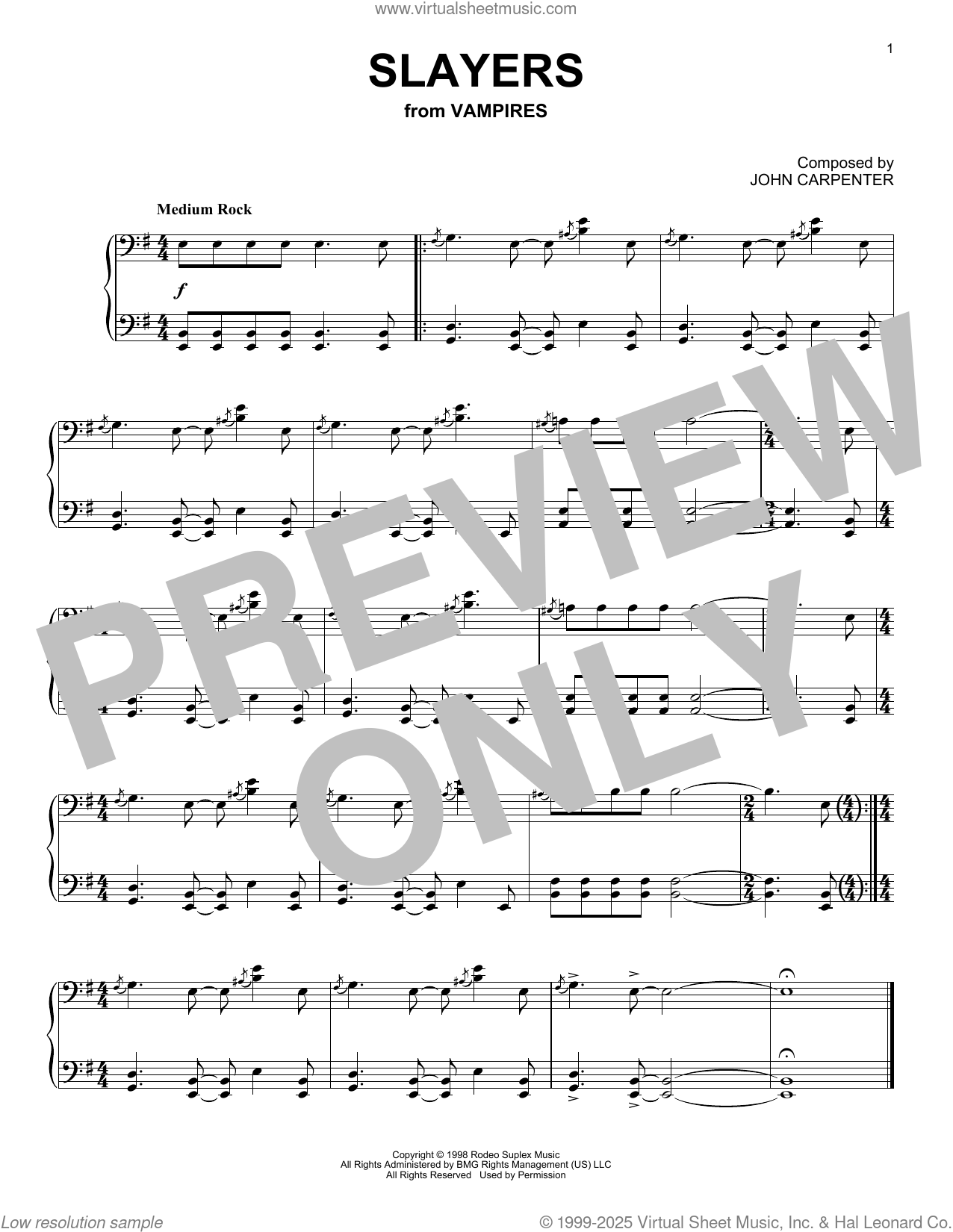 Slayers (from Vampires) sheet music for piano solo (PDF)