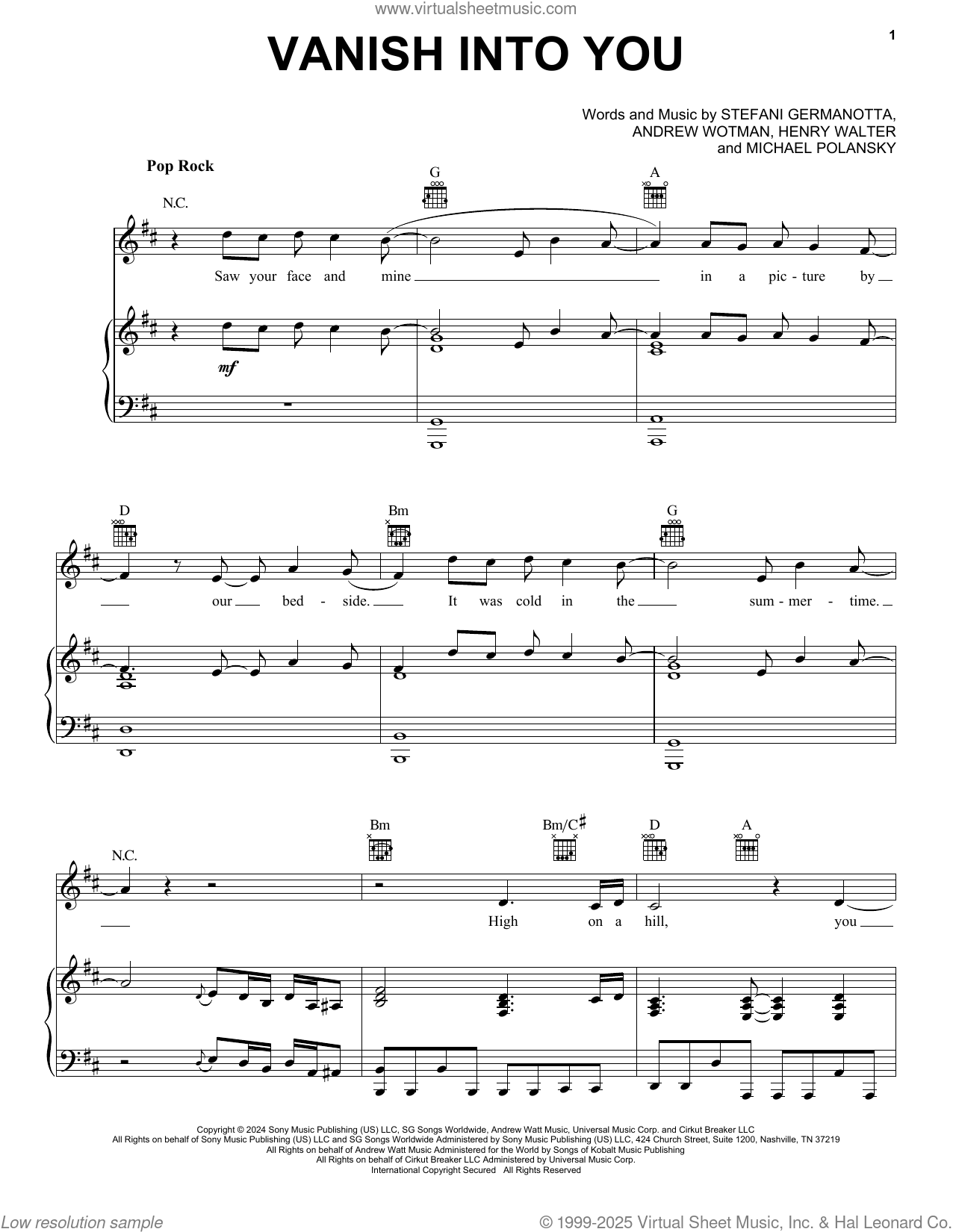 Vanish Into You sheet music for voice, piano or guitar (PDF)