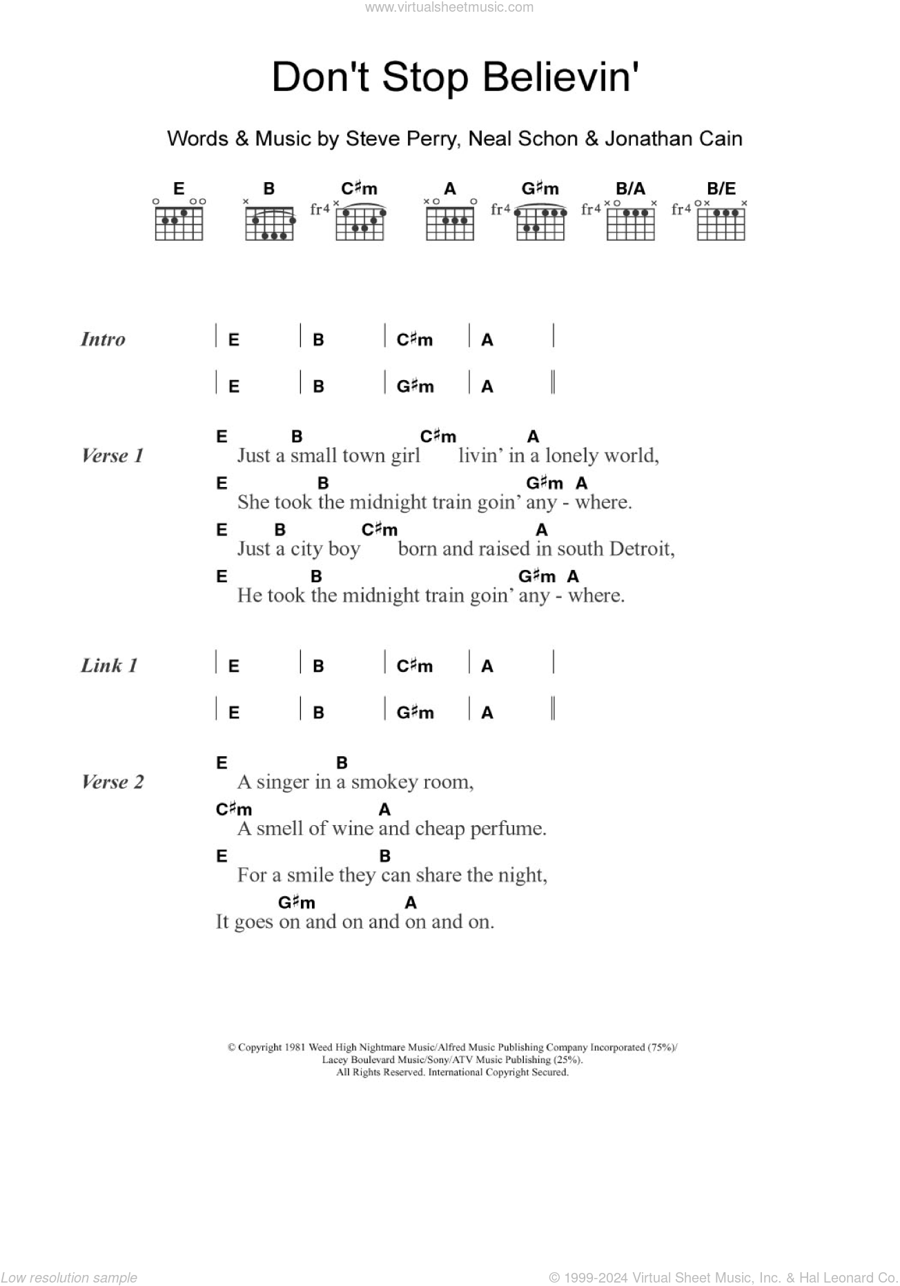 Don't Stop Believin' sheet music for guitar (chords) (PDF)