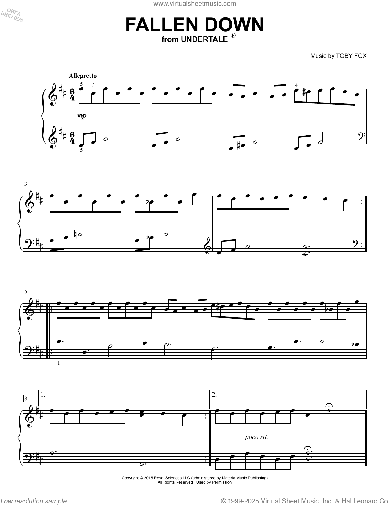 Fallen Down (from Undertale) sheet music (E-Z Play) (PDF)