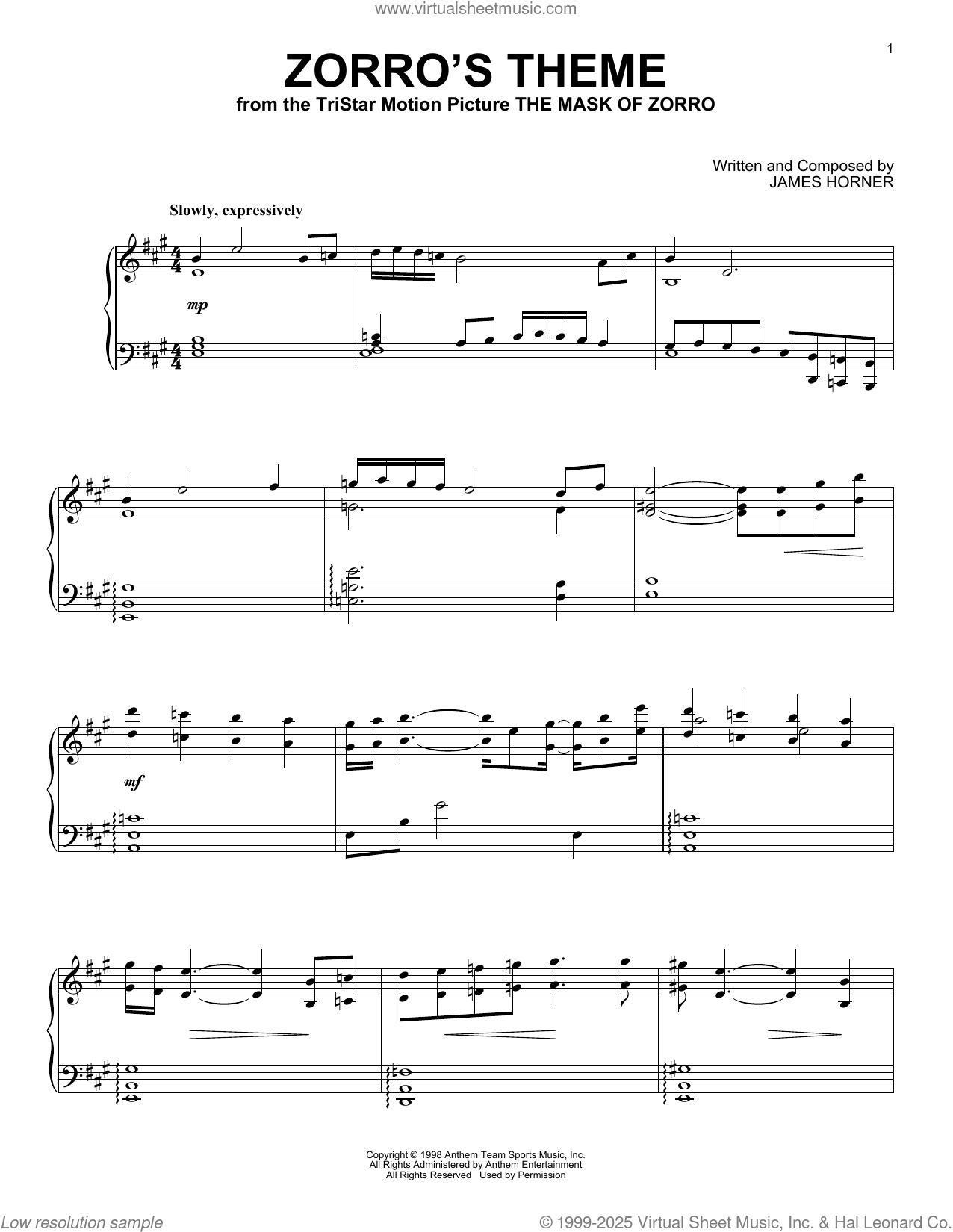 Zorro's Theme (from The Mask of Zorro) sheet music for piano solo
