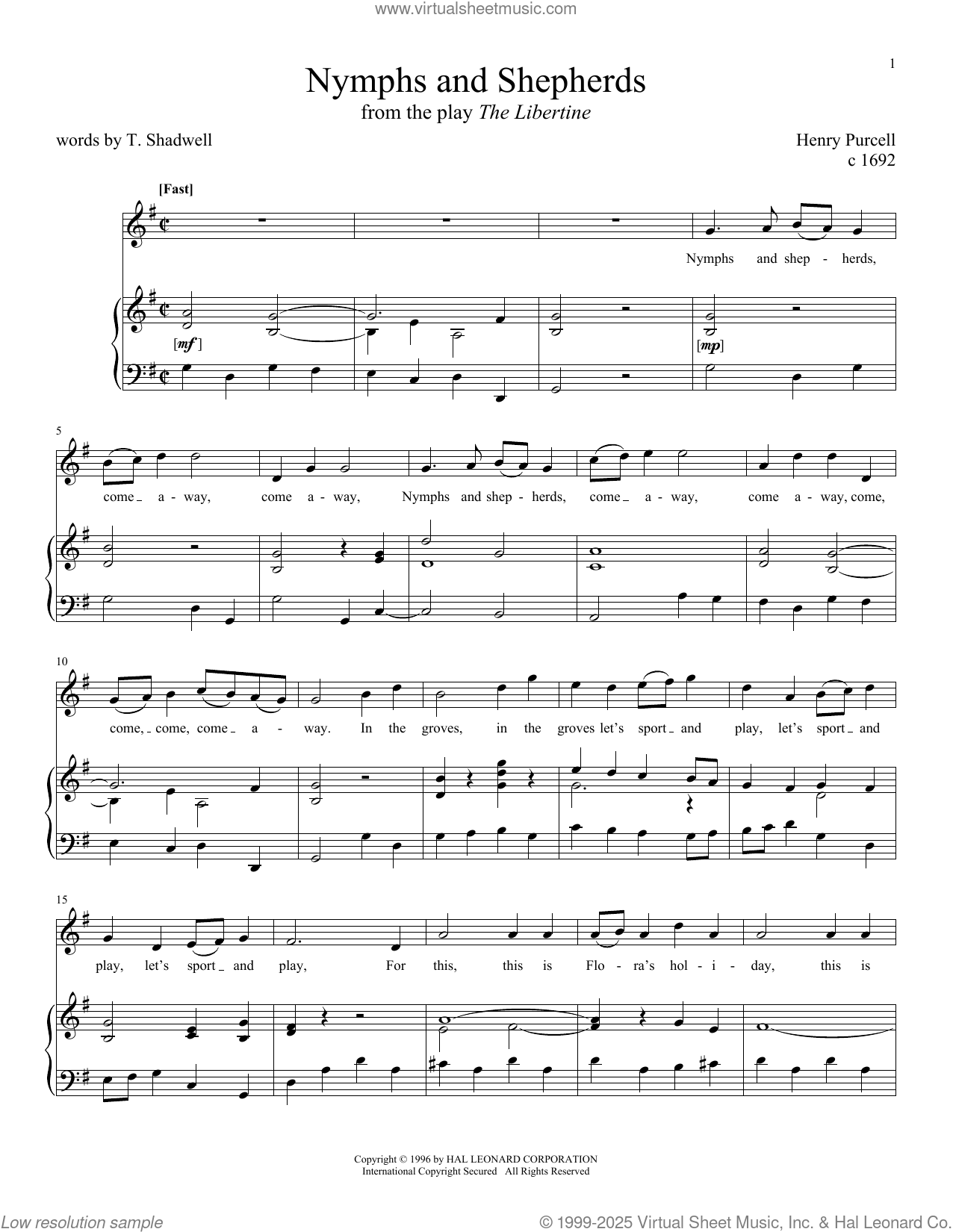 Nymphs And Shepherds sheet music for voice and piano (High Voice)