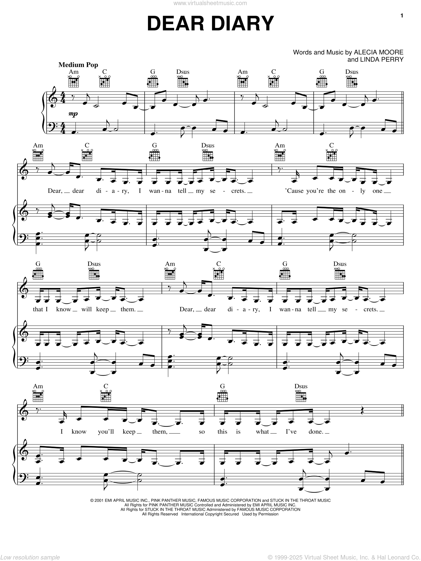 Dear Diary sheet music for voice, piano or guitar (PDF)